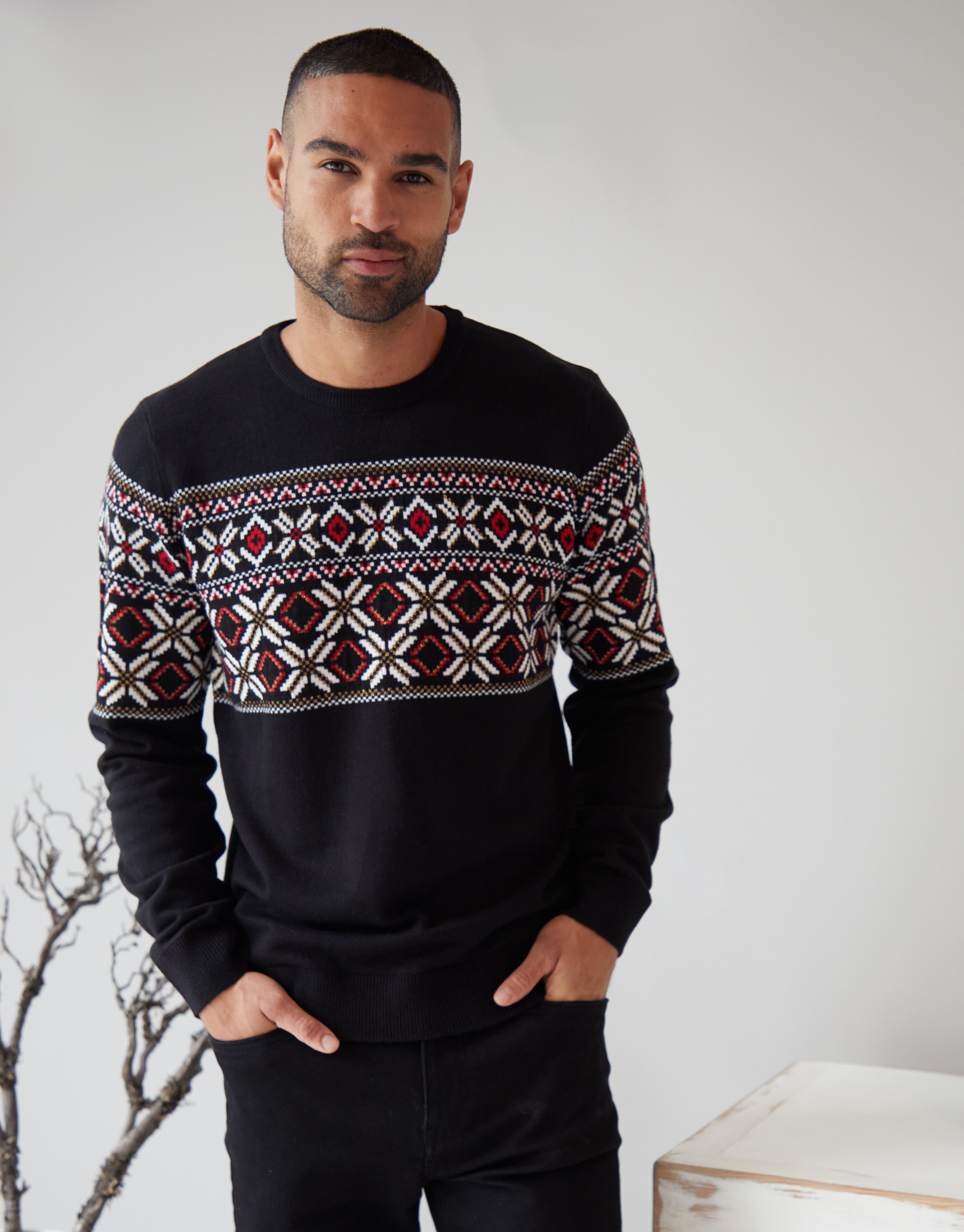 Threadbare Men's Black Fairisle Metallic Thread Crew Neck Christmas Jumper