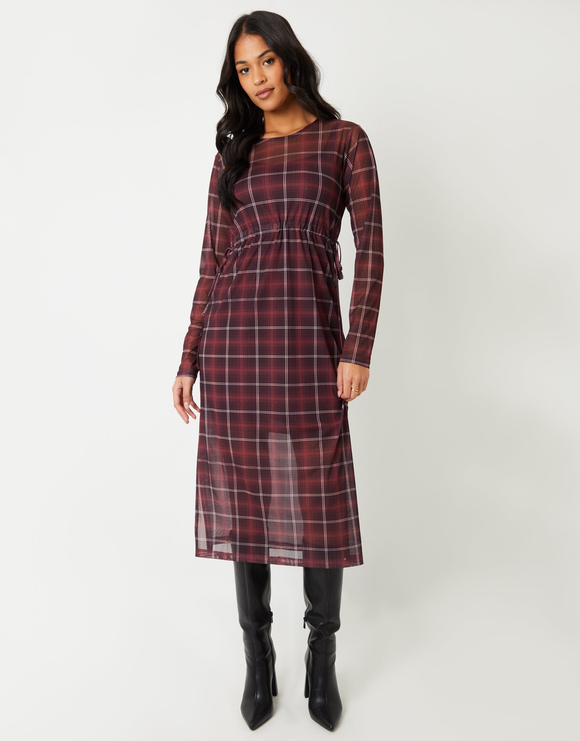 Threadbare Women's Red Check Long Sleeve Sheer Maxi Dress