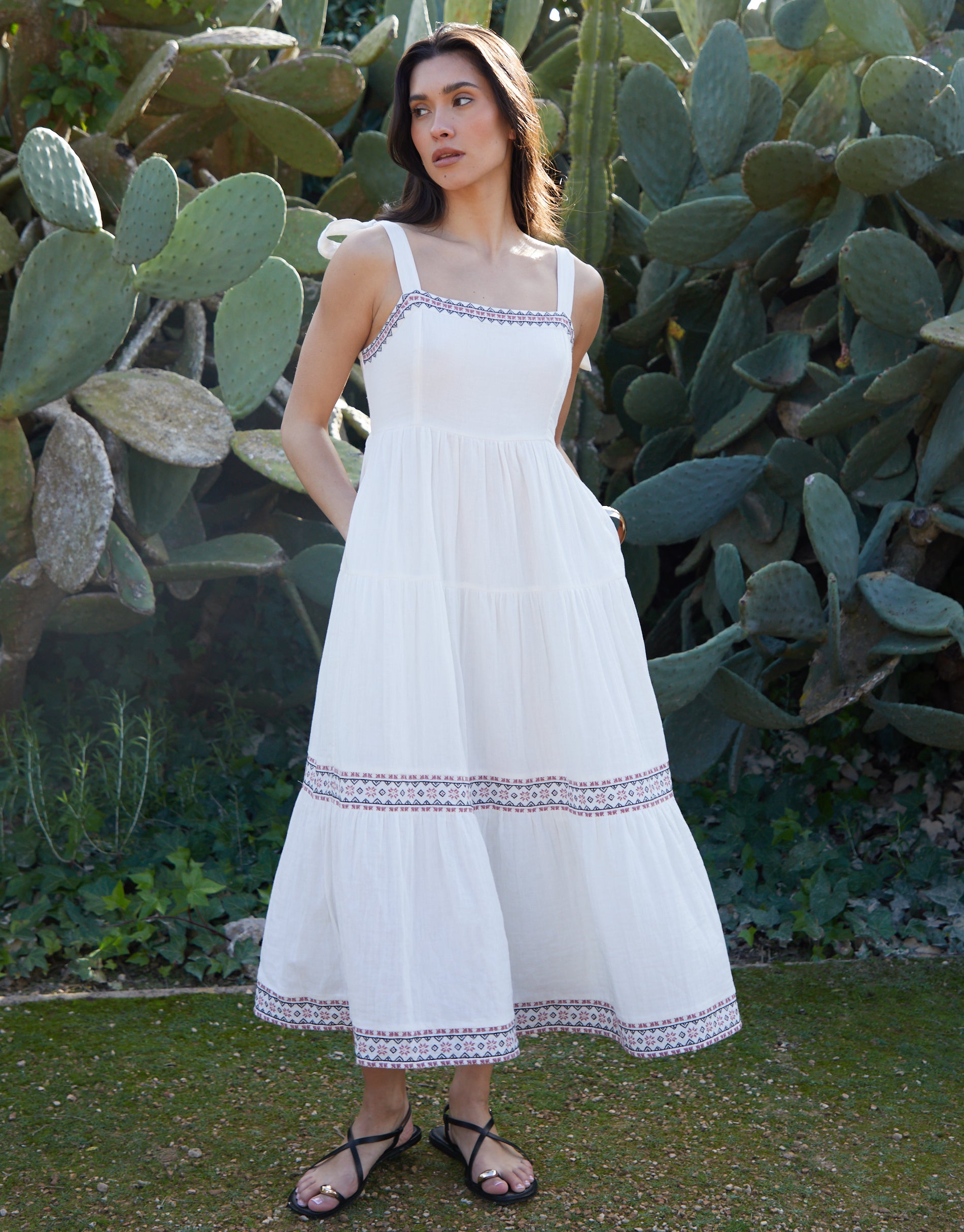 Threadbare Women's Cream Embroidered Tiered Maxi Dress