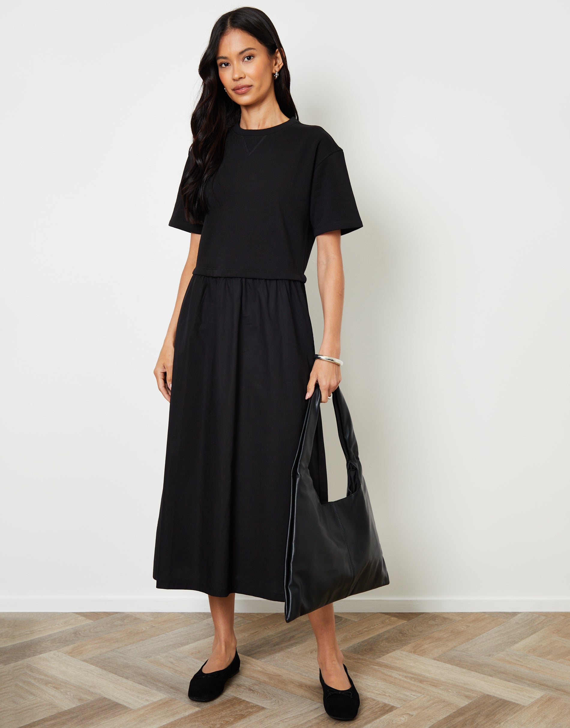 Threadbare Women's Black 2-in-1 Sweat Dress with Poplin Skirt