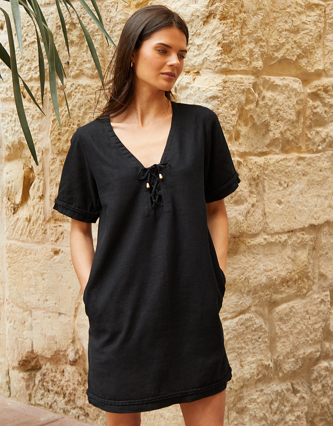 Threadbare Women's Black Linen Blend Lace Front Detail T-Shirt Dress