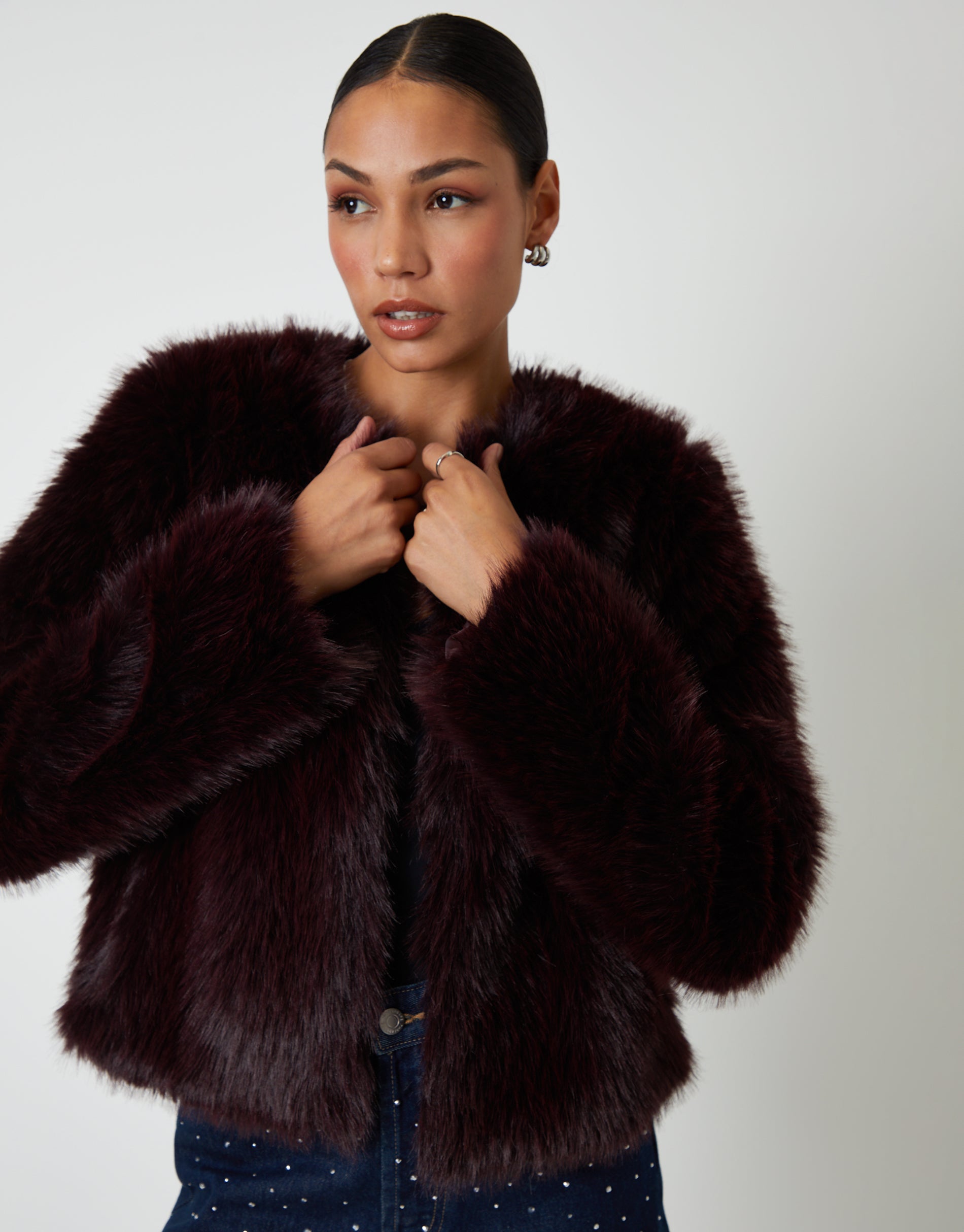 Threadbare Women's Berry Red Collarless Faux Fur Coat
