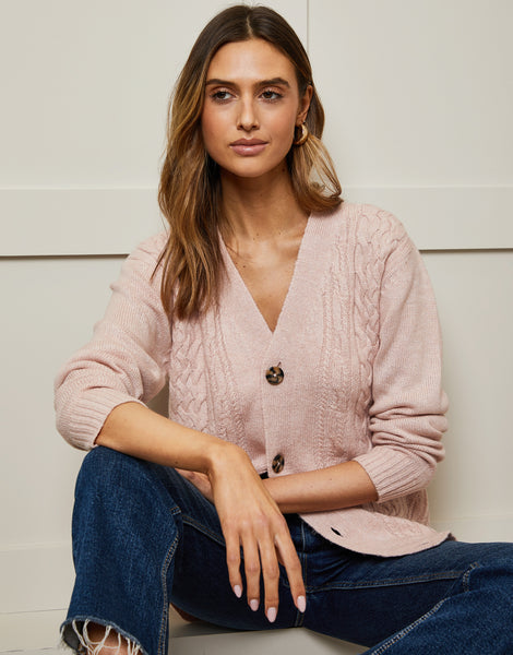 Women's Blush Pink Cable Knit Button Up Ladies' Cardigan – Threadbare