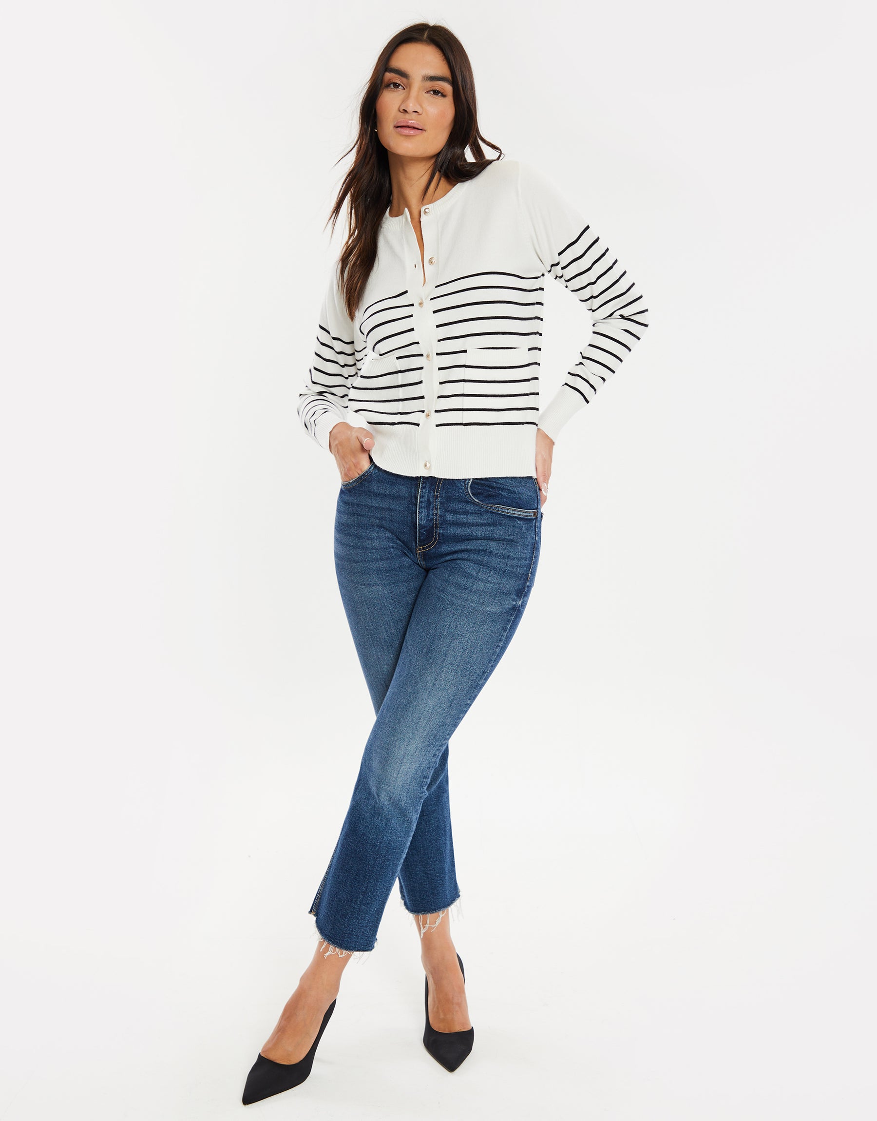 Threadbare Women's Ivory White Stripe Buttoned Knitted Collarless ...