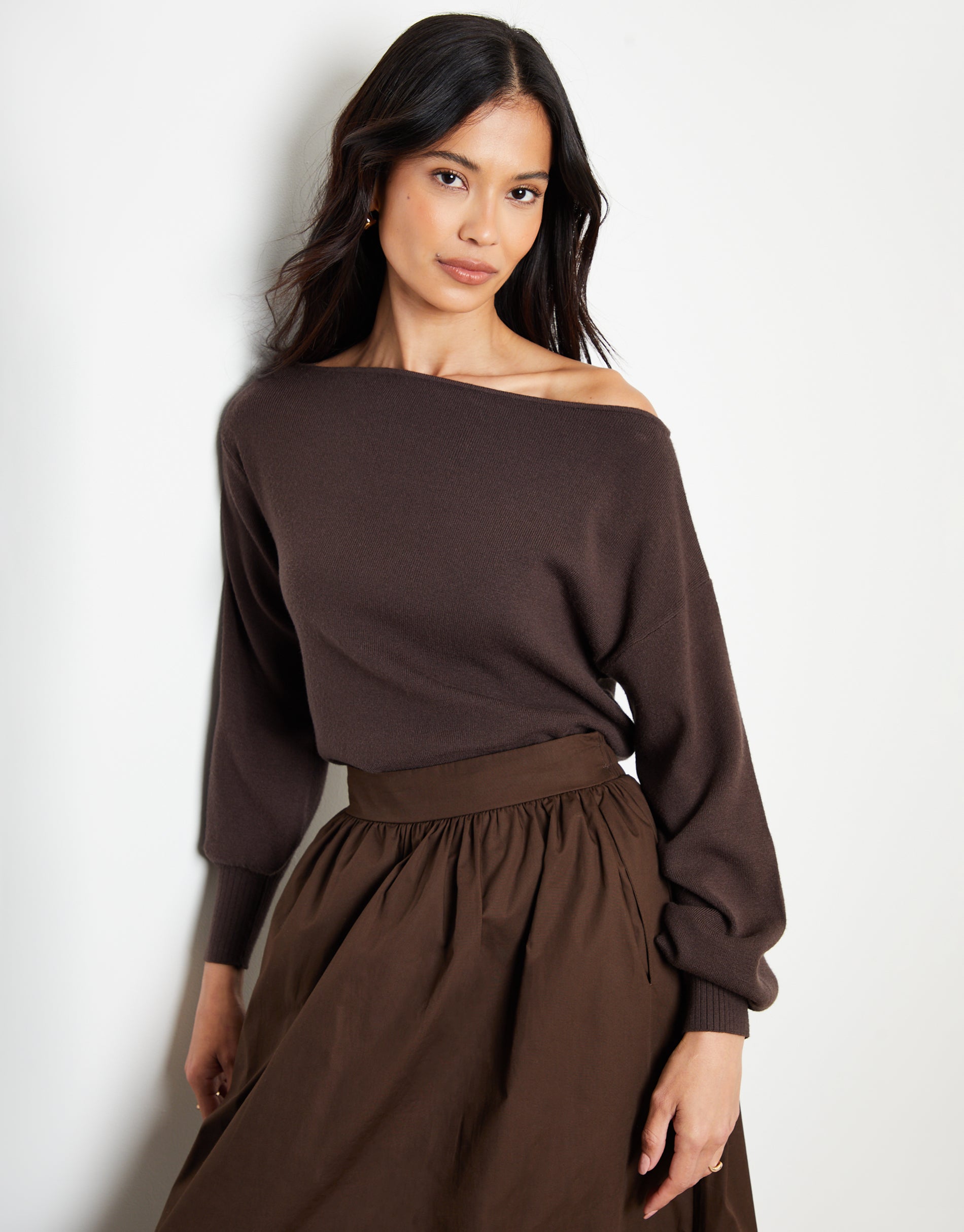 Threadbare Women's Chocolate Brown Soft Slash Neck Knitted Jumper