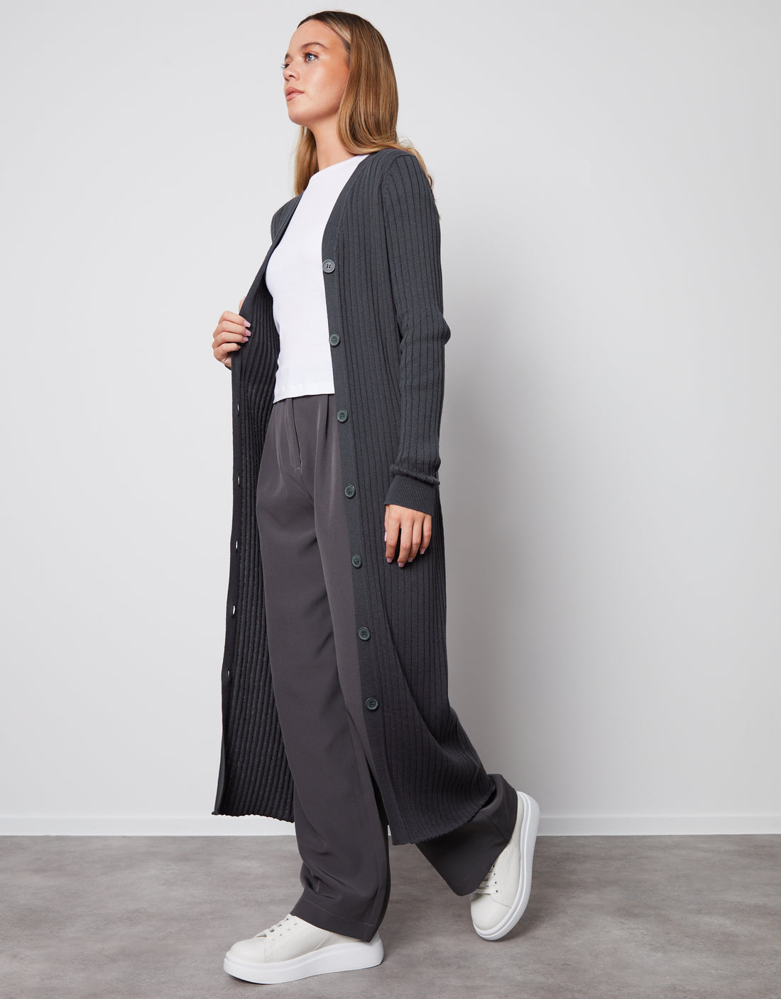 Women's Grey Long Sleeve Button Down Knitted Ladies' Cardigan Dress ...