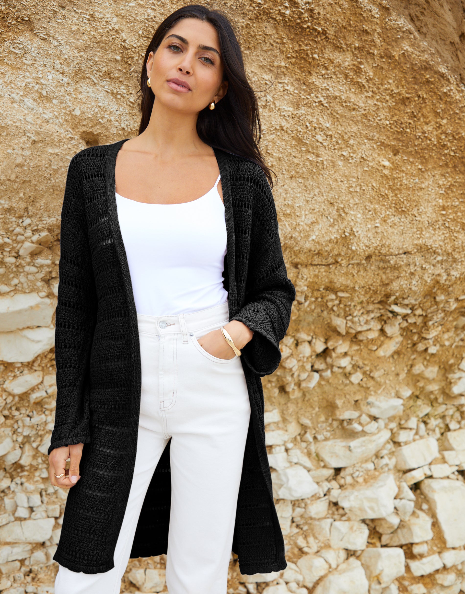 Threadbare Women's Black Longline Crochet Cardigan