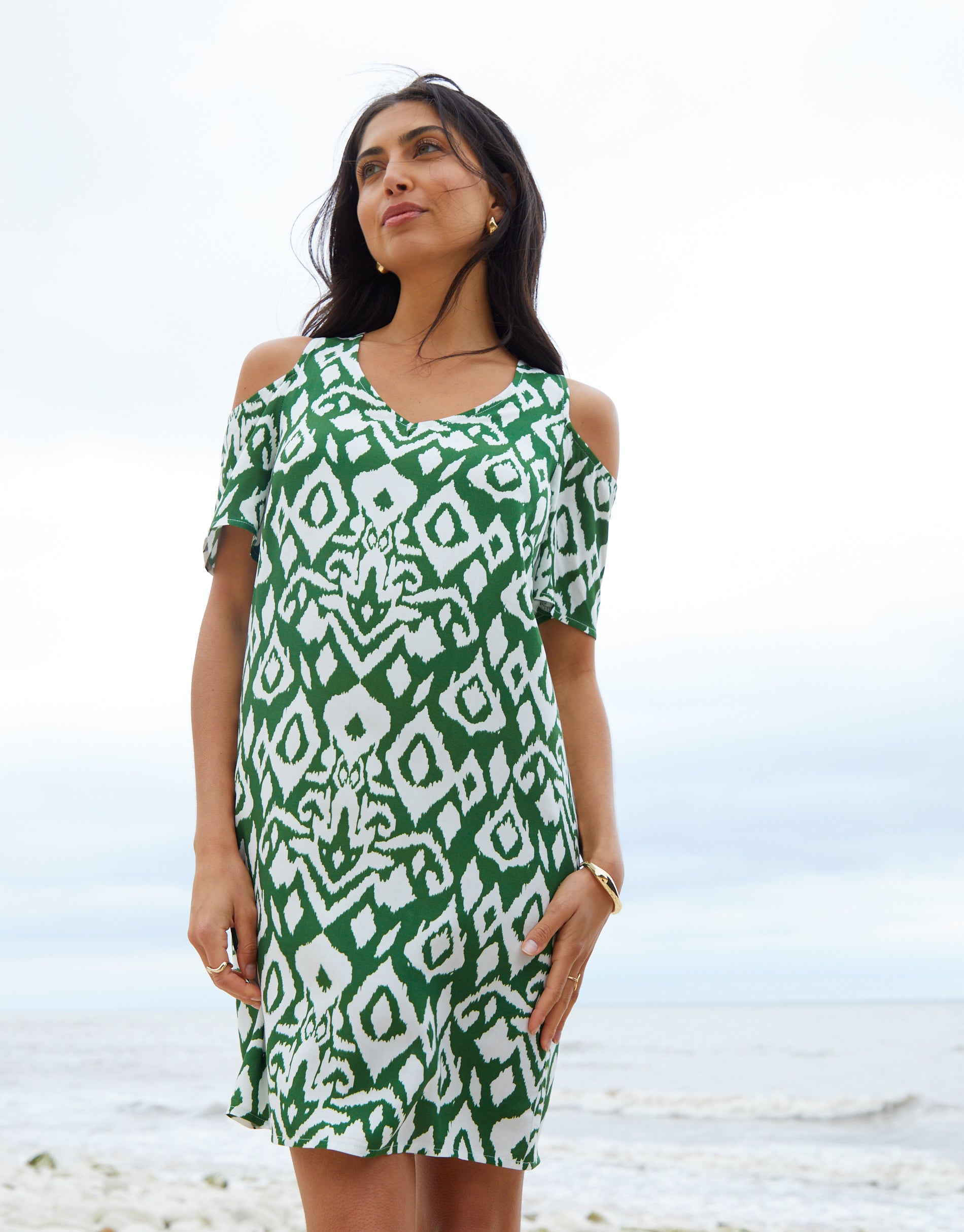 Threadbare Women's Green Ikat Print Cold Shoulder Ladies' Shift Dress