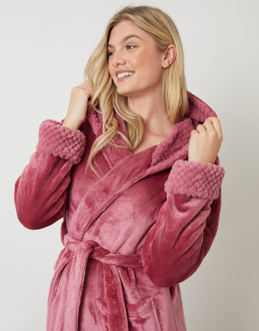 Threadbare Women's Pink Soft Faux Fur Trim Hooded Ladies' Dressing Gown
