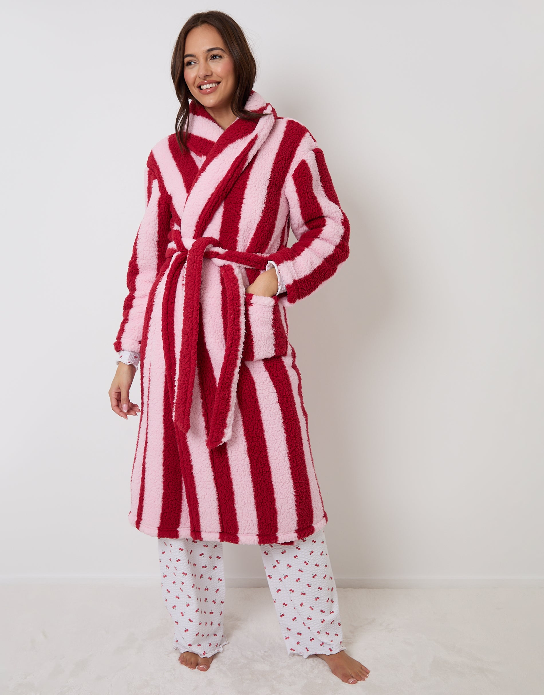 Threadbare Women's Red Stripe Borg Dressing Gown