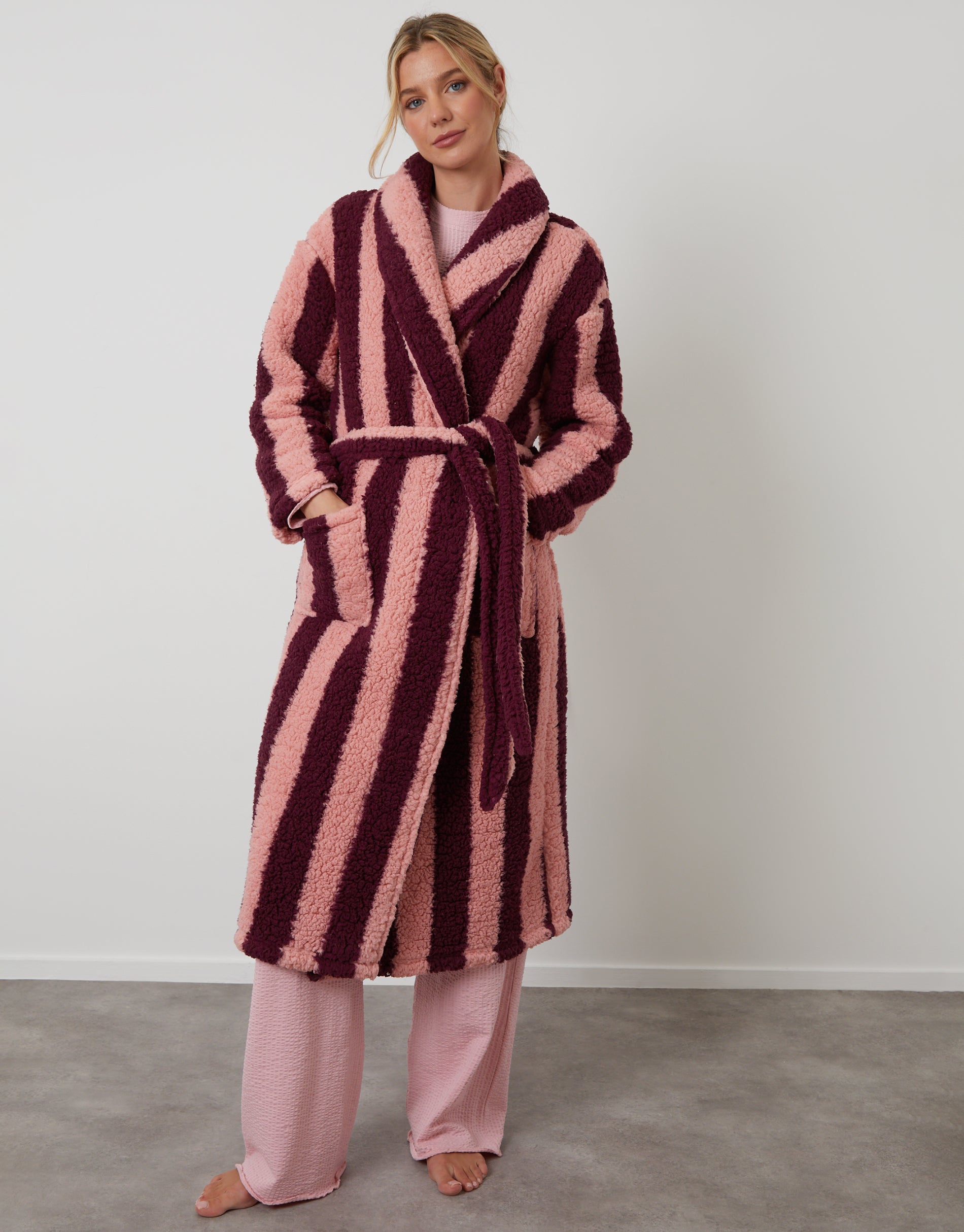 Threadbare Women's Berry Red Stripe Borg Dressing Gown