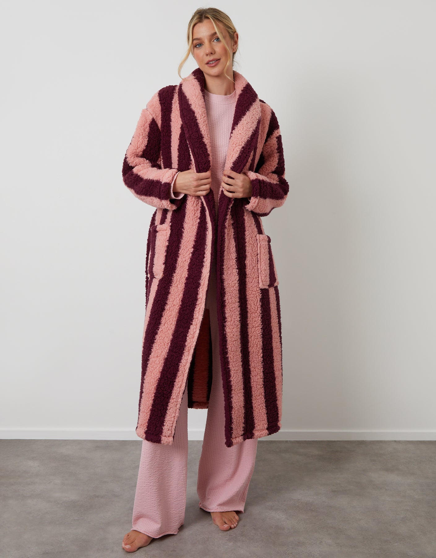 Threadbare Women's Berry Red Stripe Borg Dressing Gown