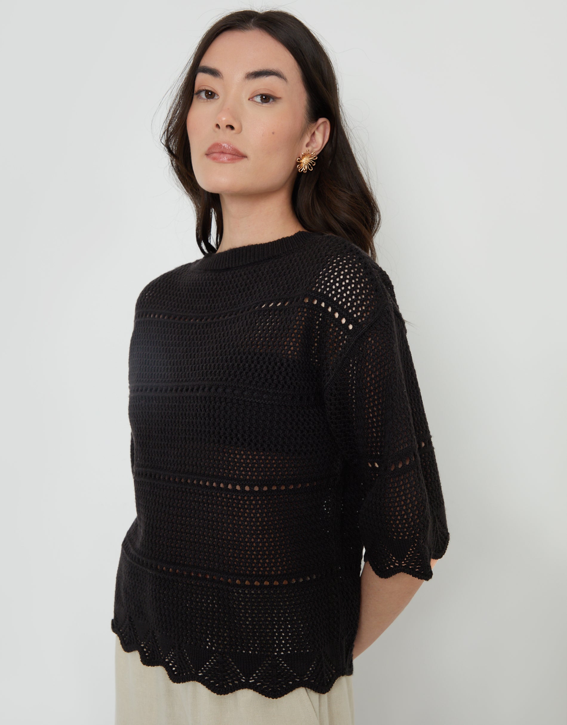 Threadbare Women's Black Pointelle Crochet Knitted Short Sleeve Ladies ...