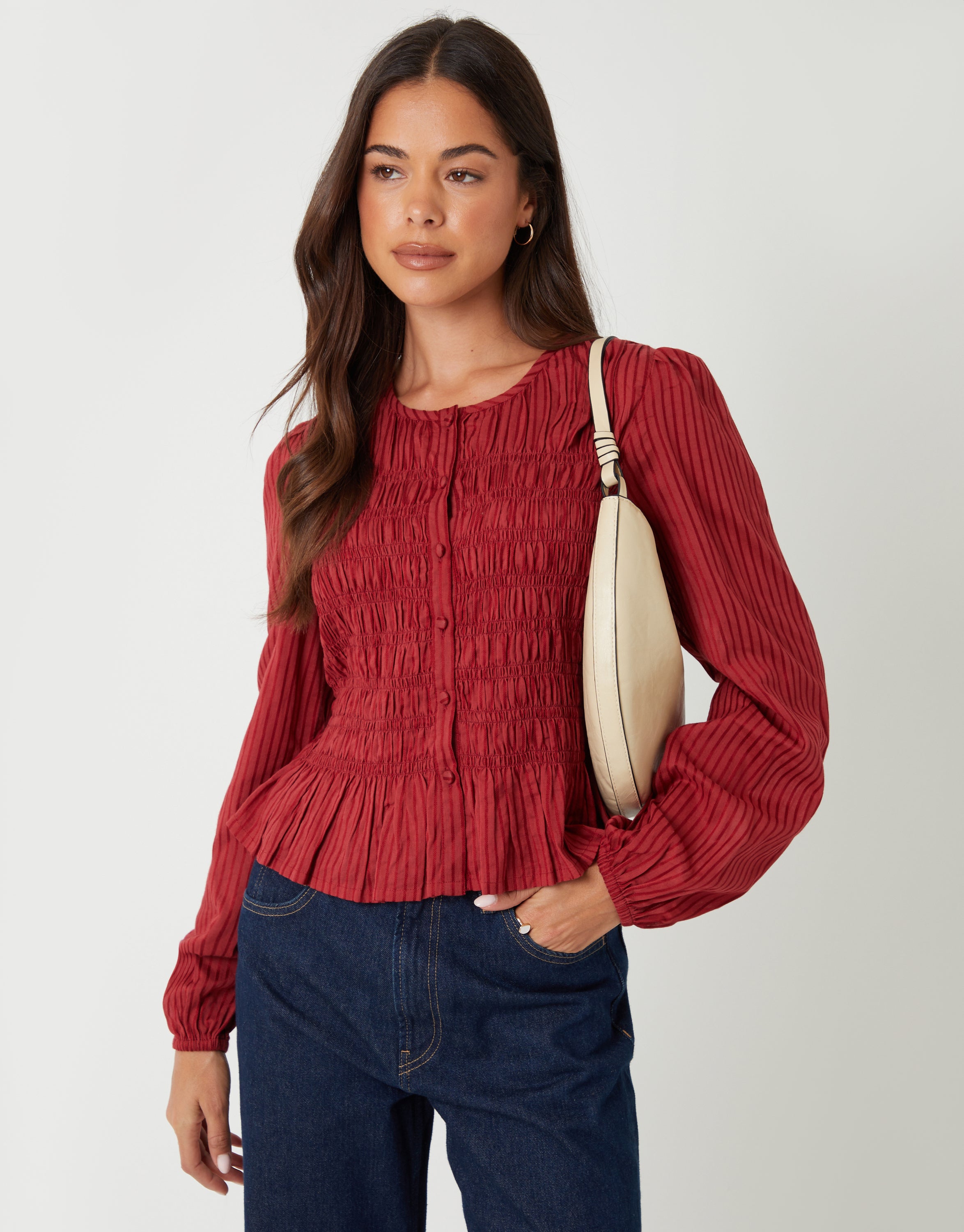 Threadbare Women's Rust Orange Shirred Dobby Stripe Button Up Blouse