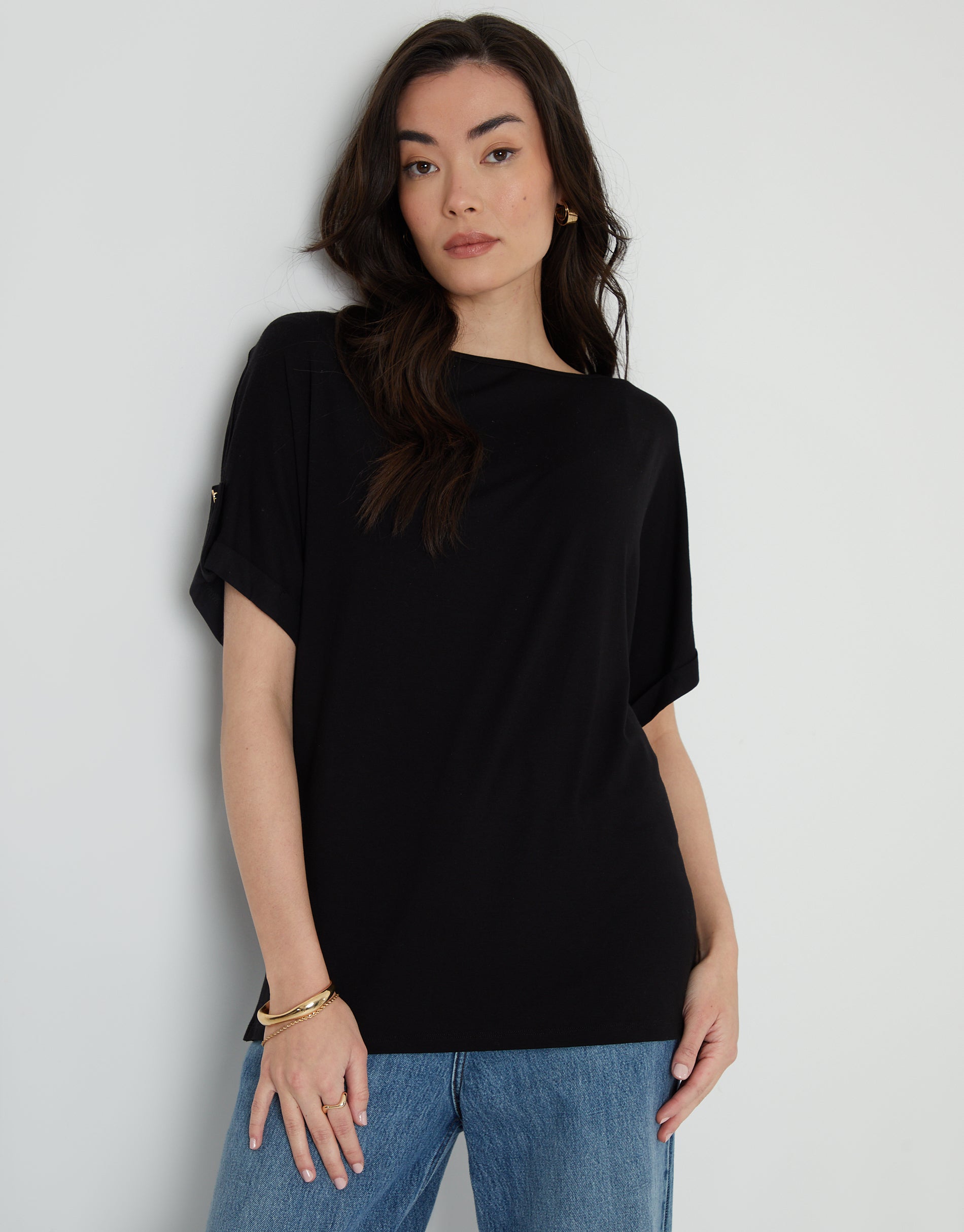 Threadbare Women's Black Batwing Sleeve Slash Neck Tunic