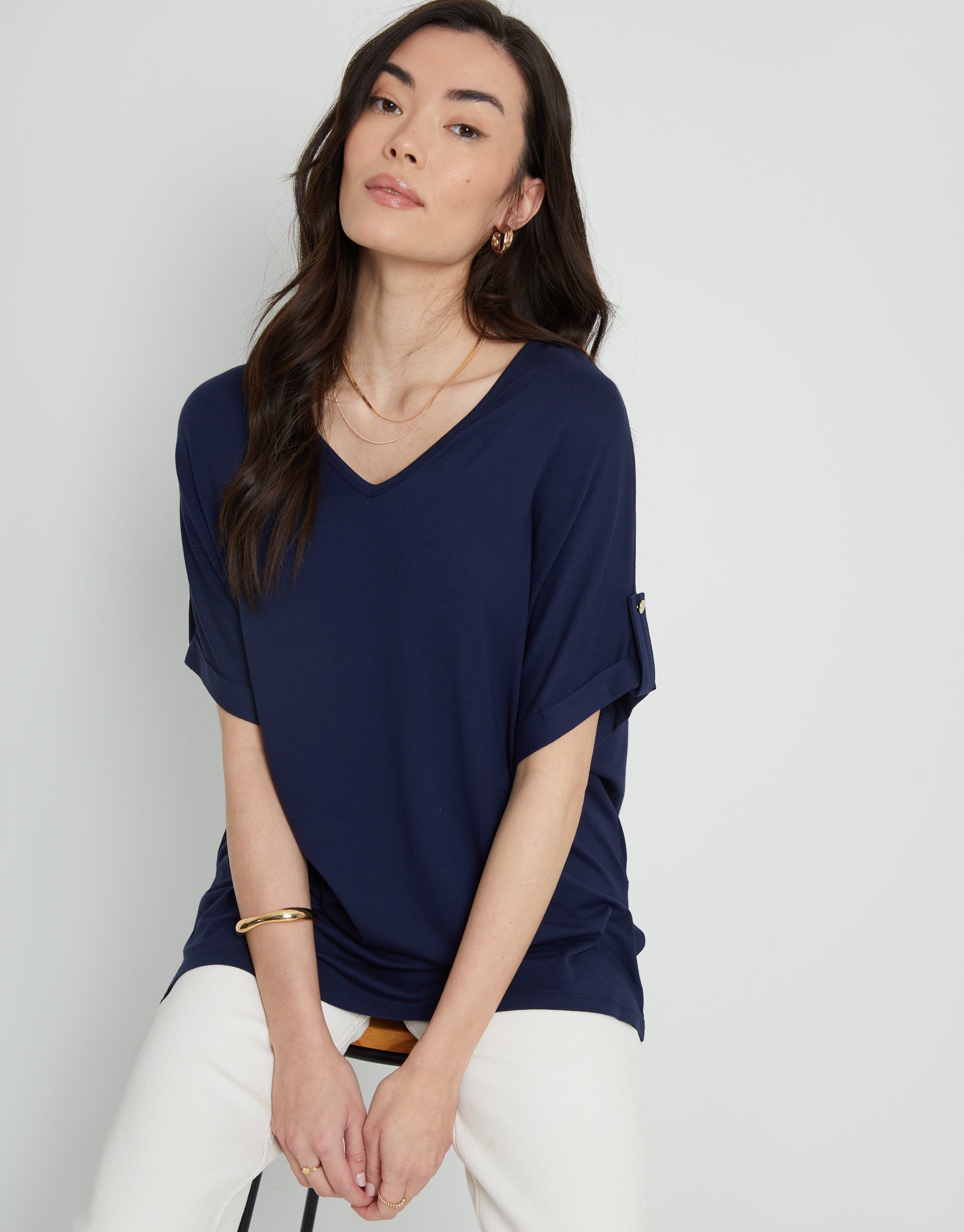 Threadbare Women's Navy Batwing Sleeve V Neck Tunic