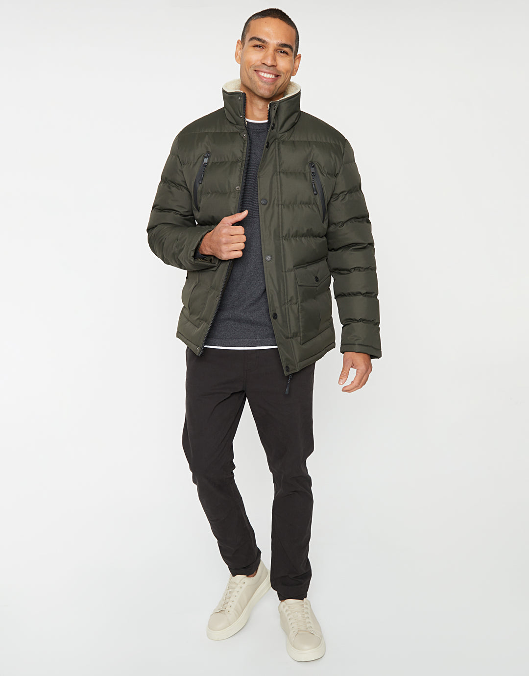 Threadbare Men's Khaki Green Showerproof Utility Puffer Jacket with ...