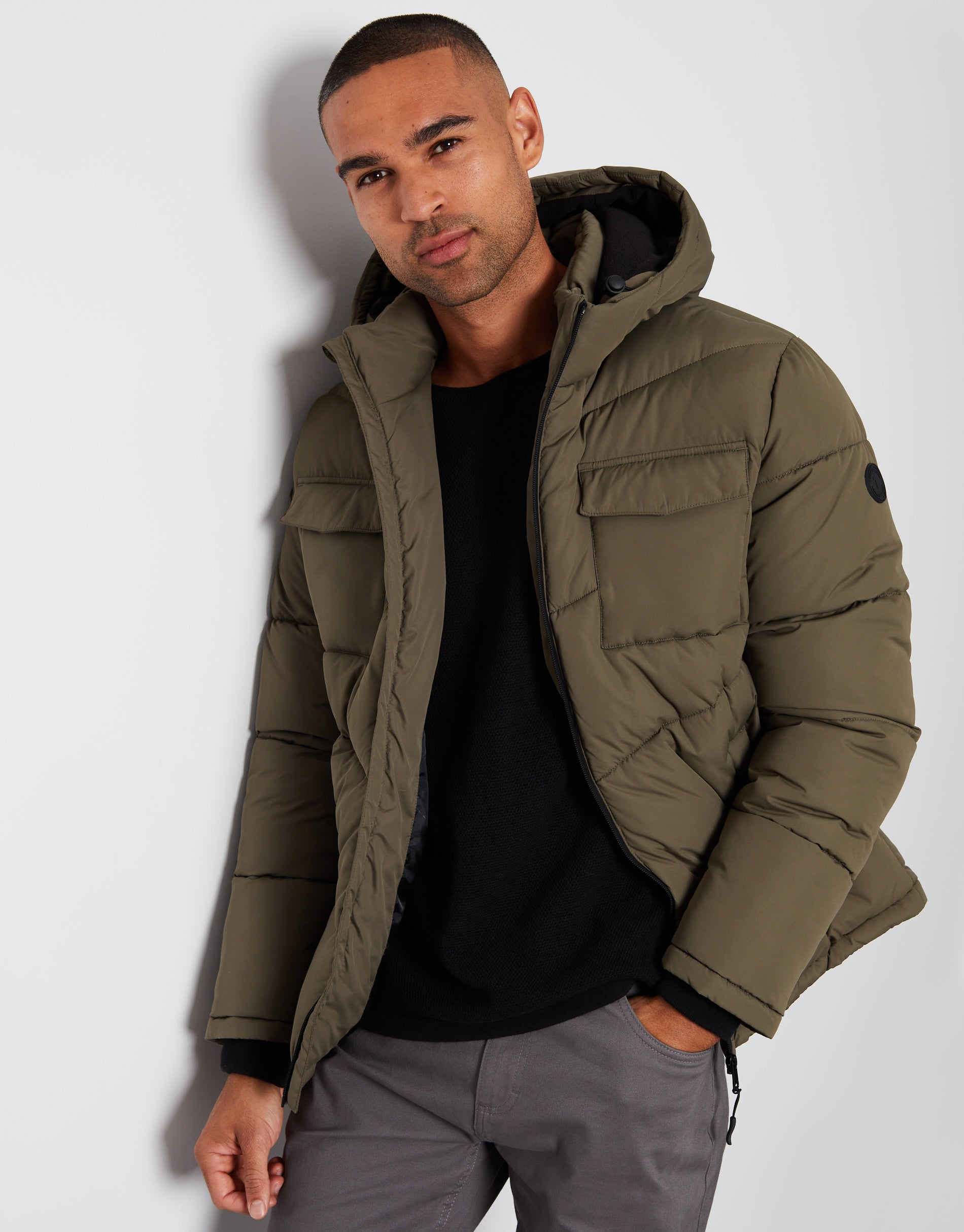 Threadbare Men's Khaki Green Showerproof 4 Pocket Hooded Padded Puffer ...