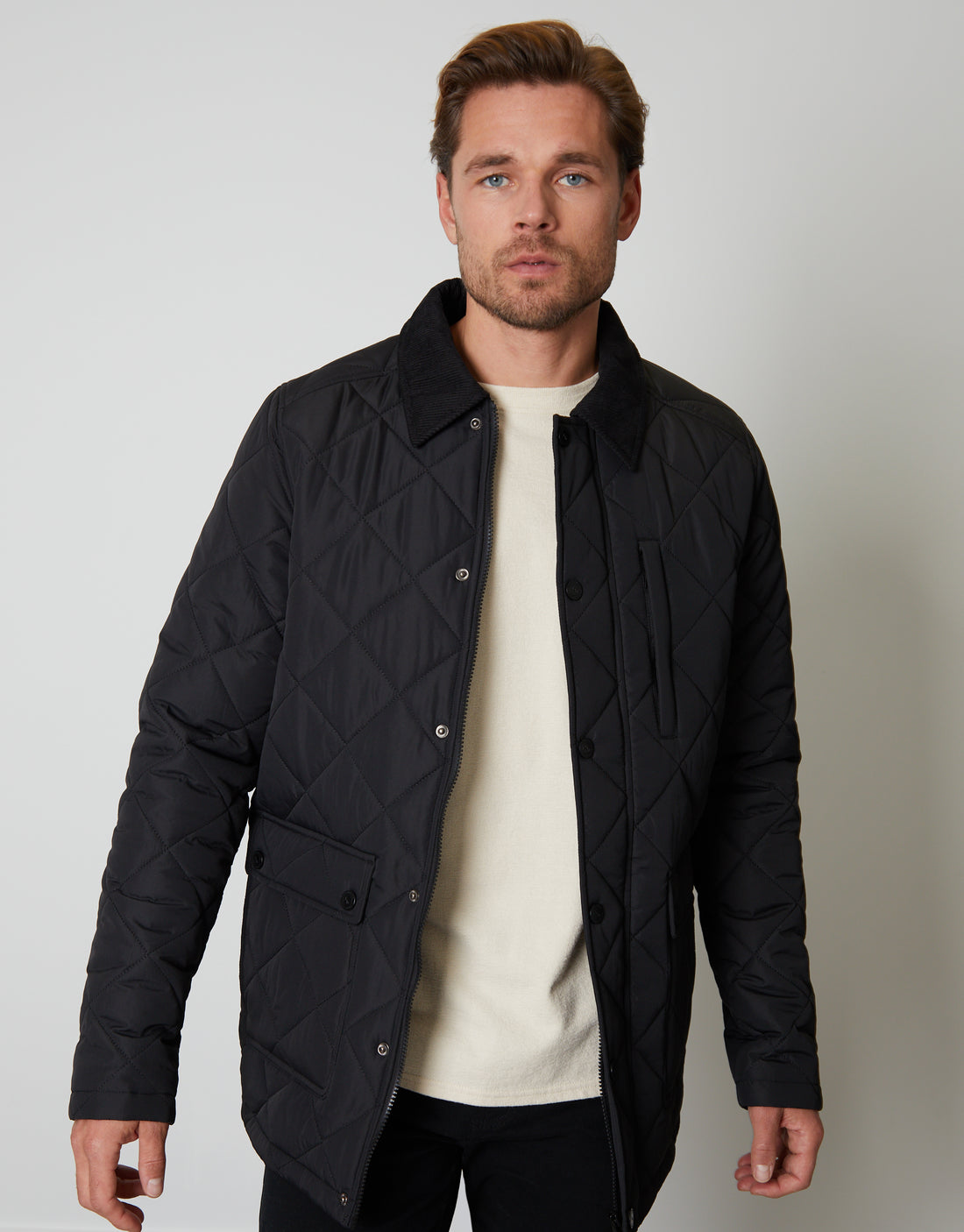 Men's Black Showerproof Diamond Quilted Collared Jacket – Threadbare