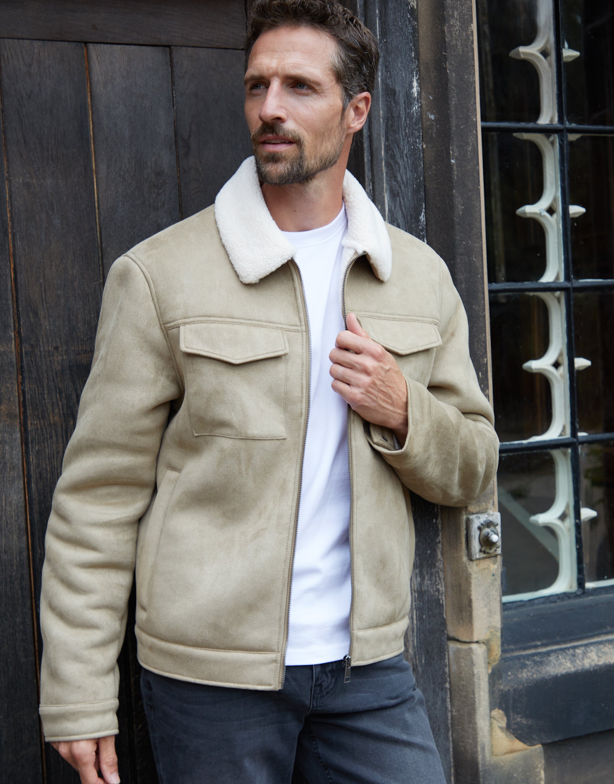 Threadbare Men's Stone Faux Suede Borg Lined Aviator Jacket