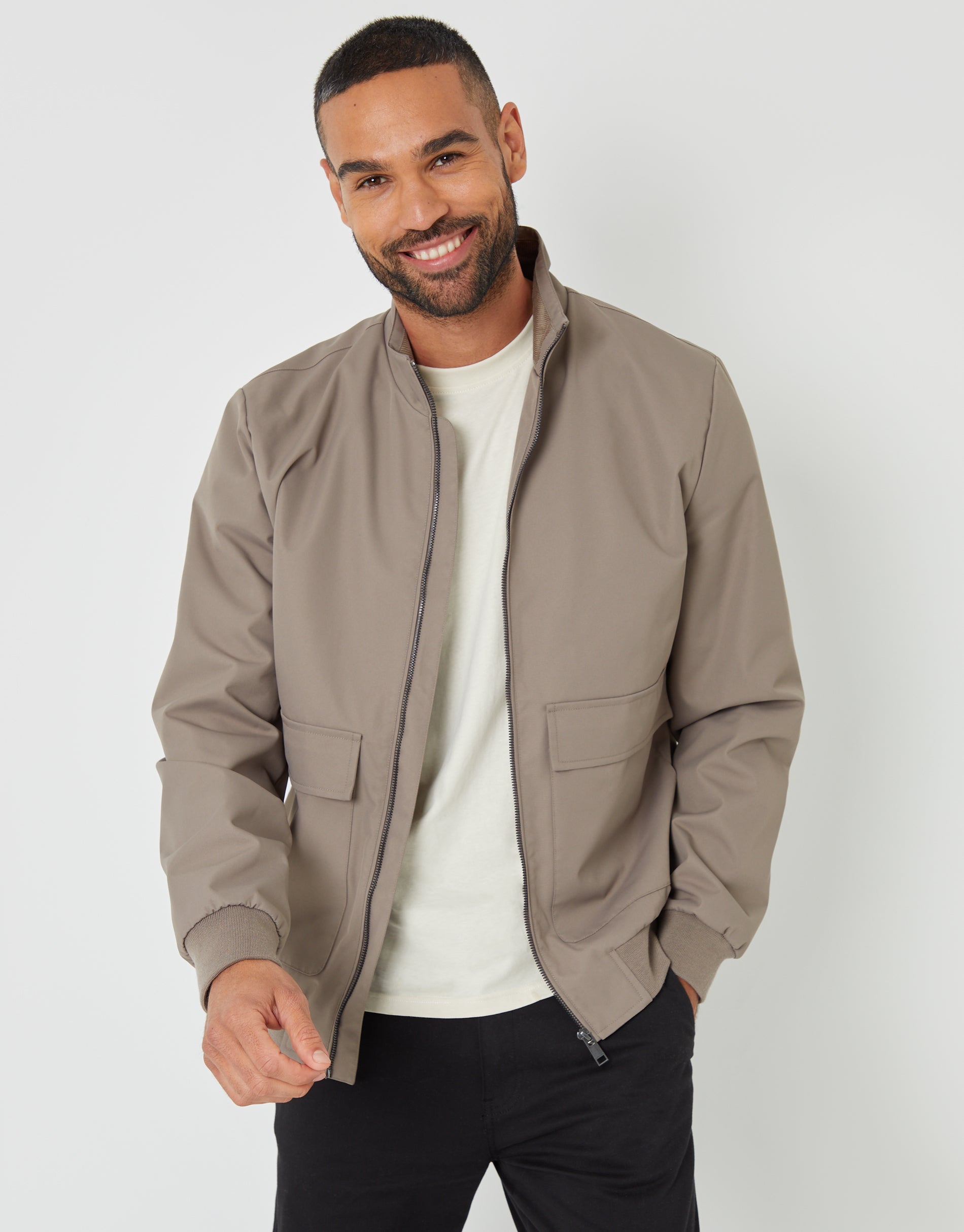Threadbare Men's Taupe Patch Pocket Funnel Neck Harrington Style Jacket