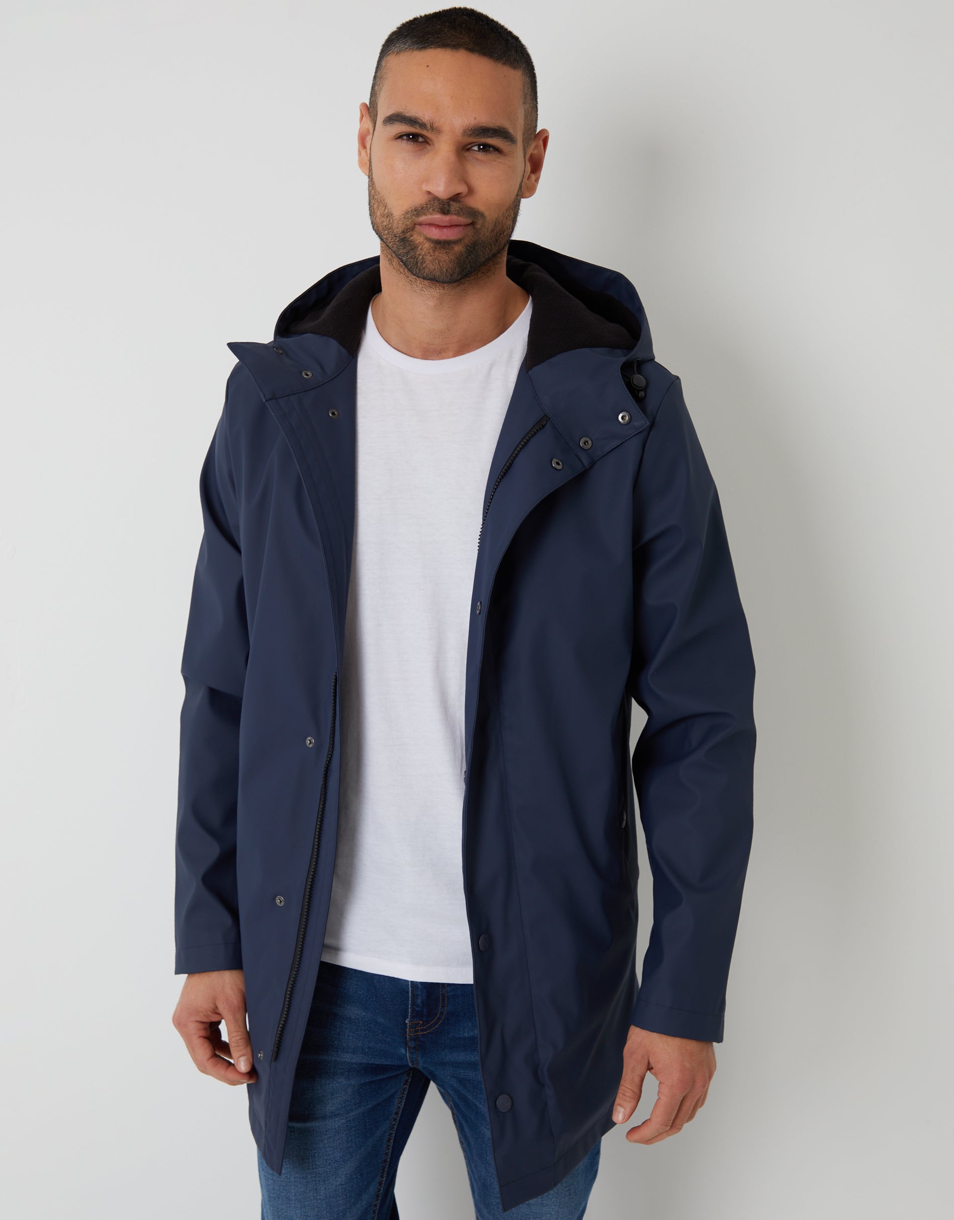 Threadbare Men's Navy Microfleece Lined Longline Hooded Raincoat