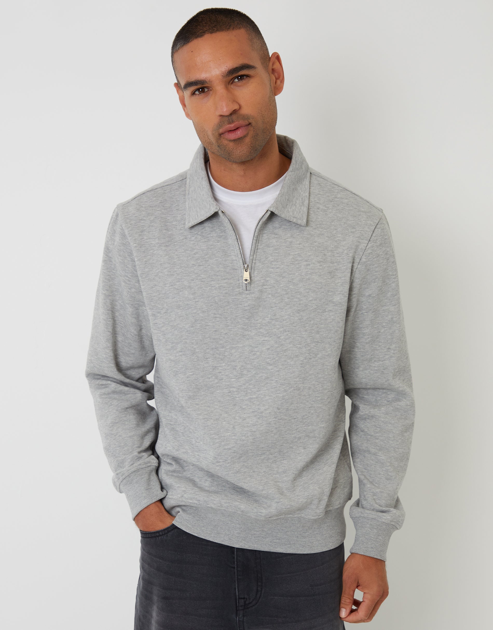 Threadbare Men's Grey Marl Quarter Zip Collared Sweatshirt