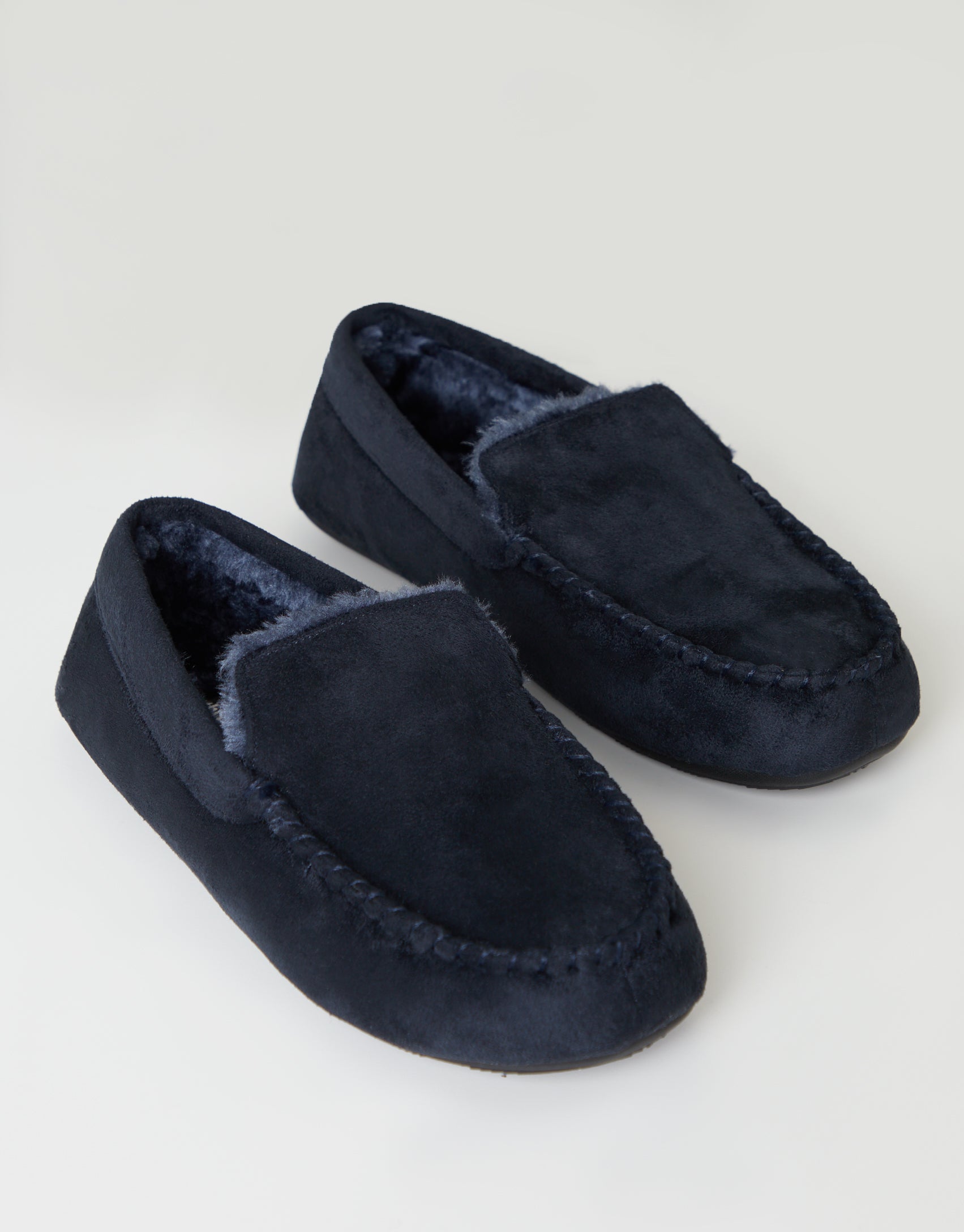 Threadbare Men's Navy Blue Suedette Moccasin Slippers with Faux Fur Lining