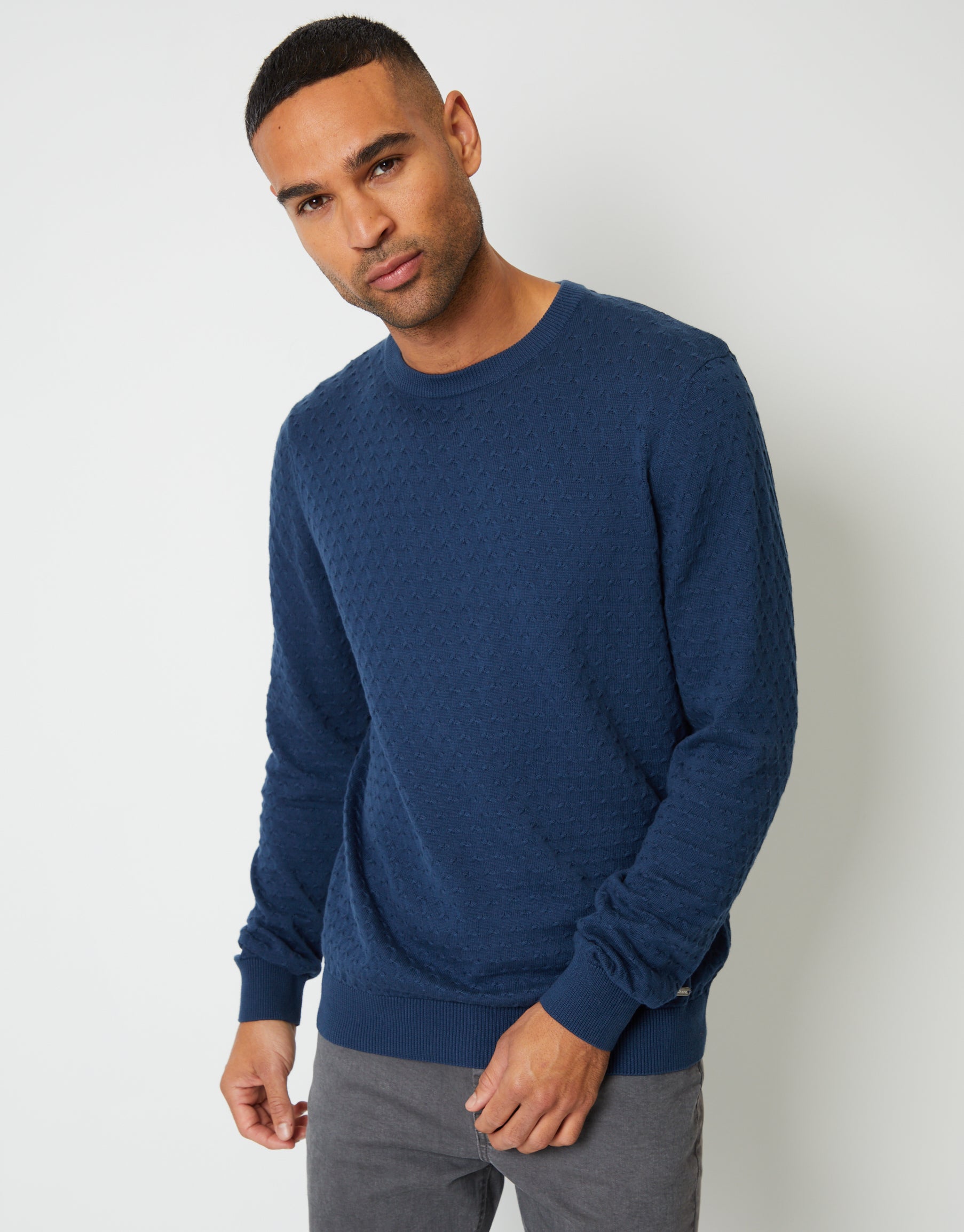 Threadbare Men's Denim Blue Mini Cable Knit Crew Neck Jumper