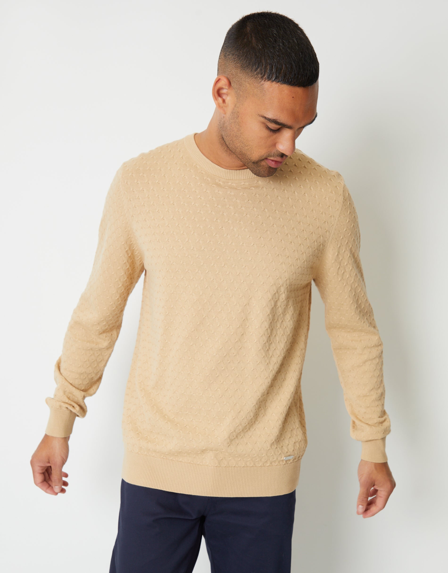 Threadbare Men's Beige Mini Cable Knit Crew Neck Jumper