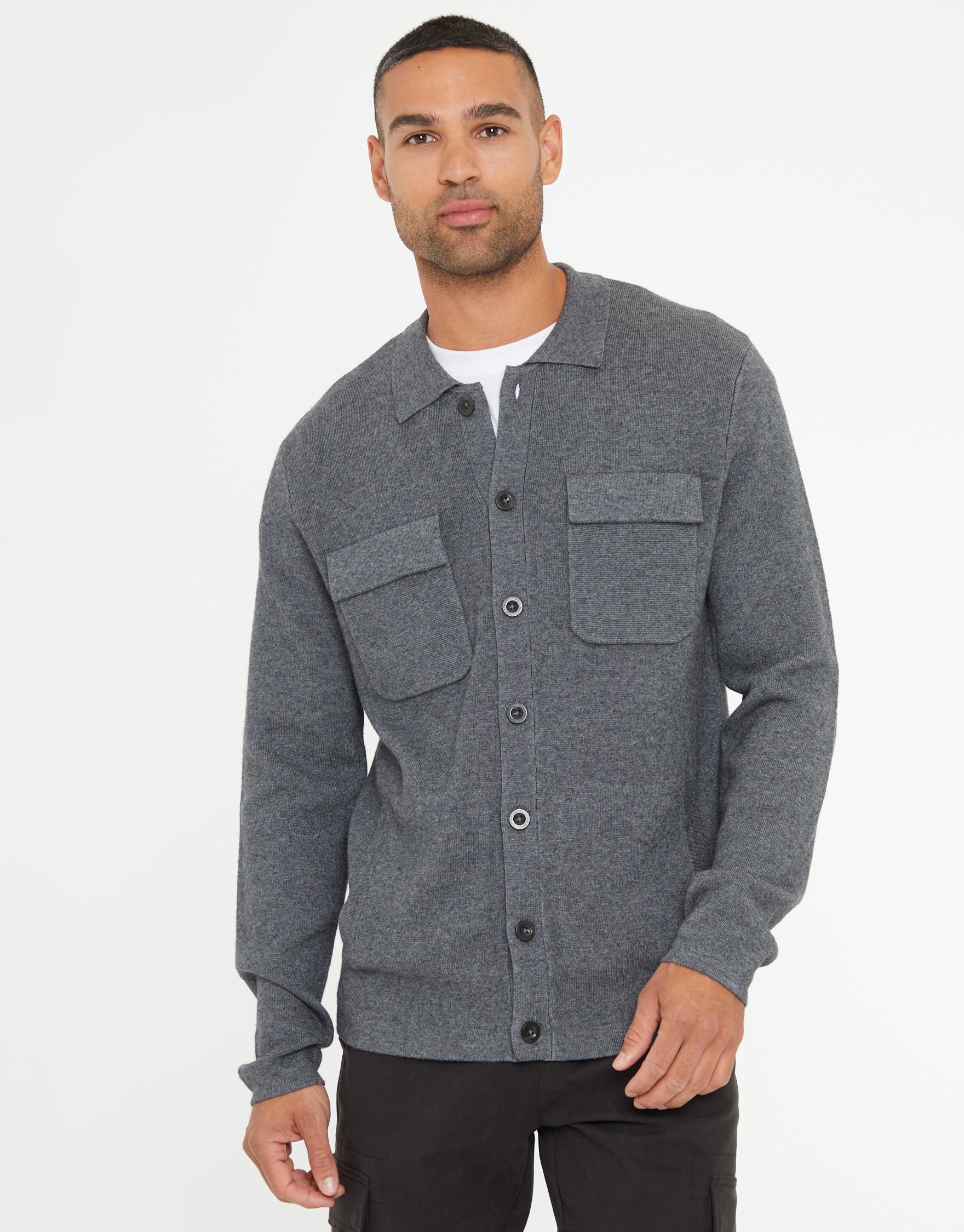Threadbare Men's Charcoal Grey Marl Knitted Long Sleeve Shirt