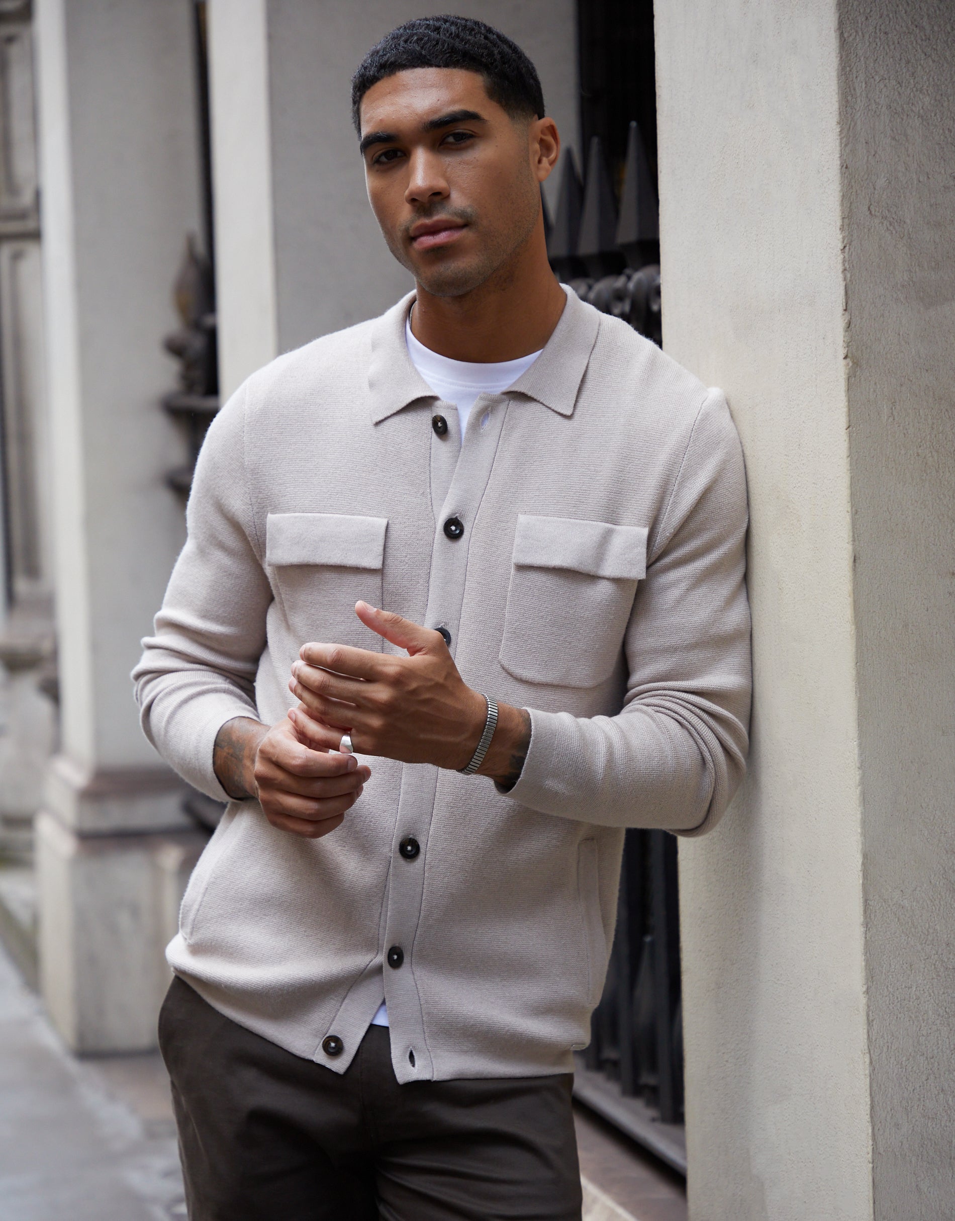 Threadbare Men's Stone Knitted Long Sleeve Shirt