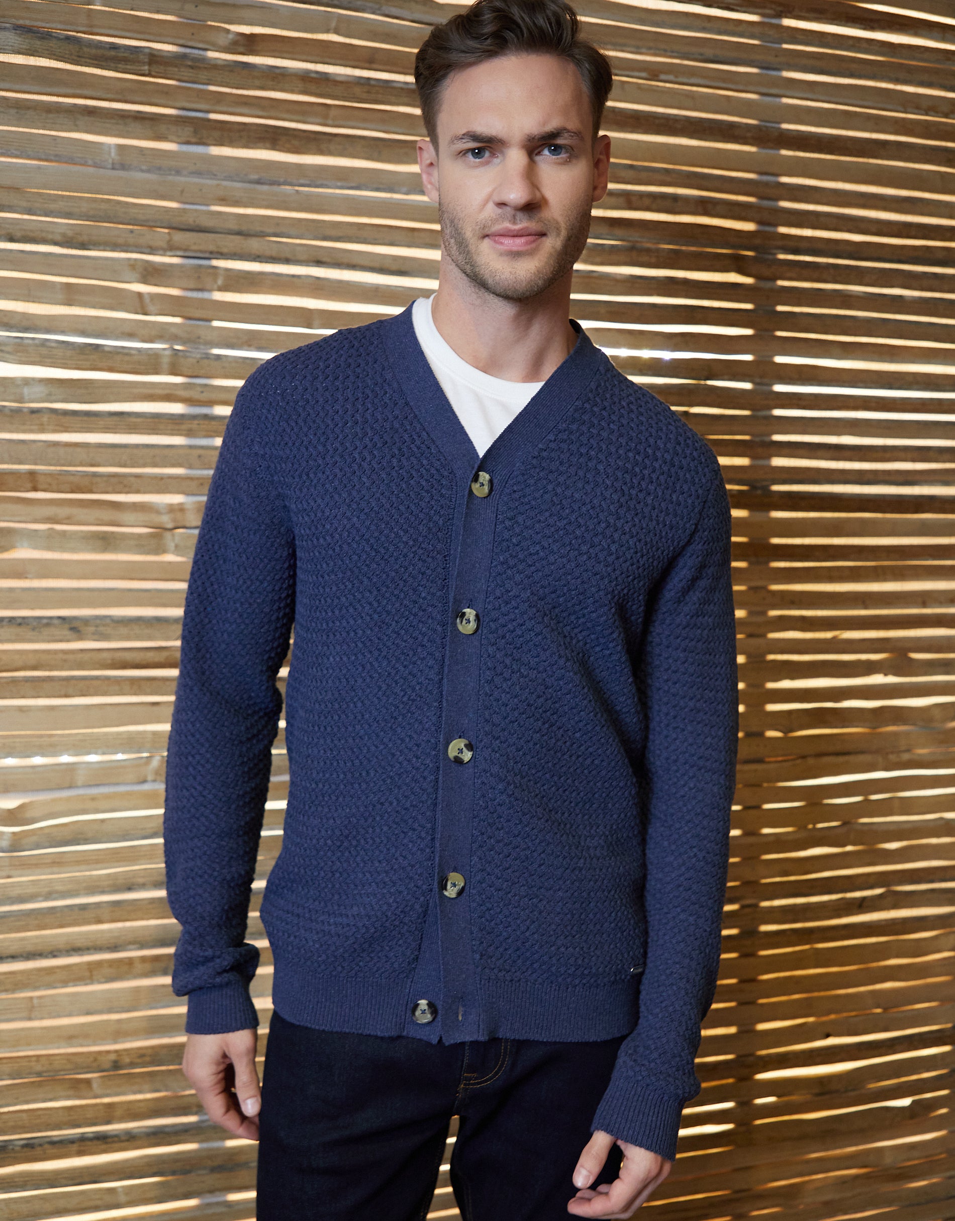 Threadbare Men's Denim Blue Basket Stitch Cardigan