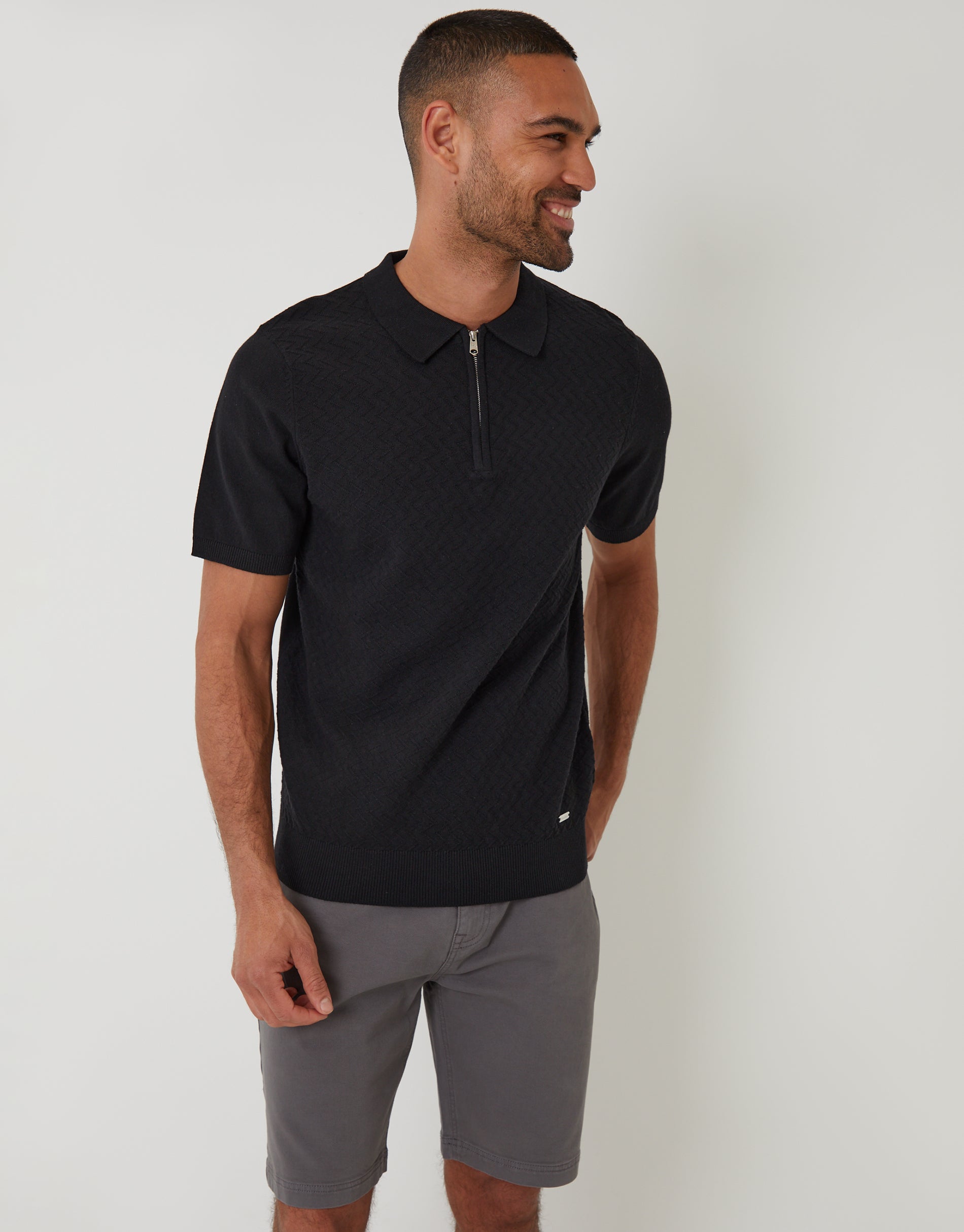 Threadbare Men's Black Textured Front Quarter Zip Knitted Polo