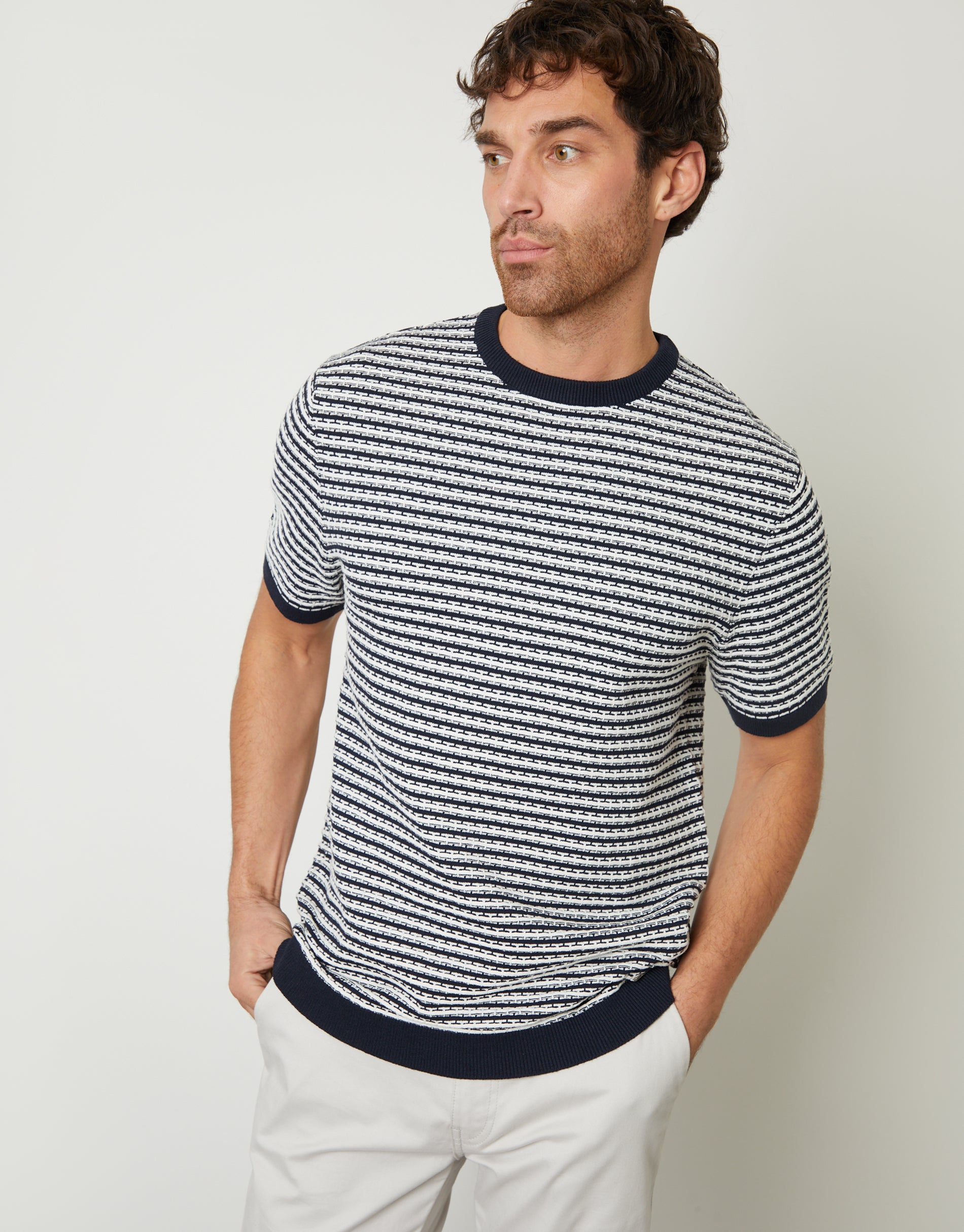 Threadbare Men's Navy Stripe Textured Knitted T-Shirt