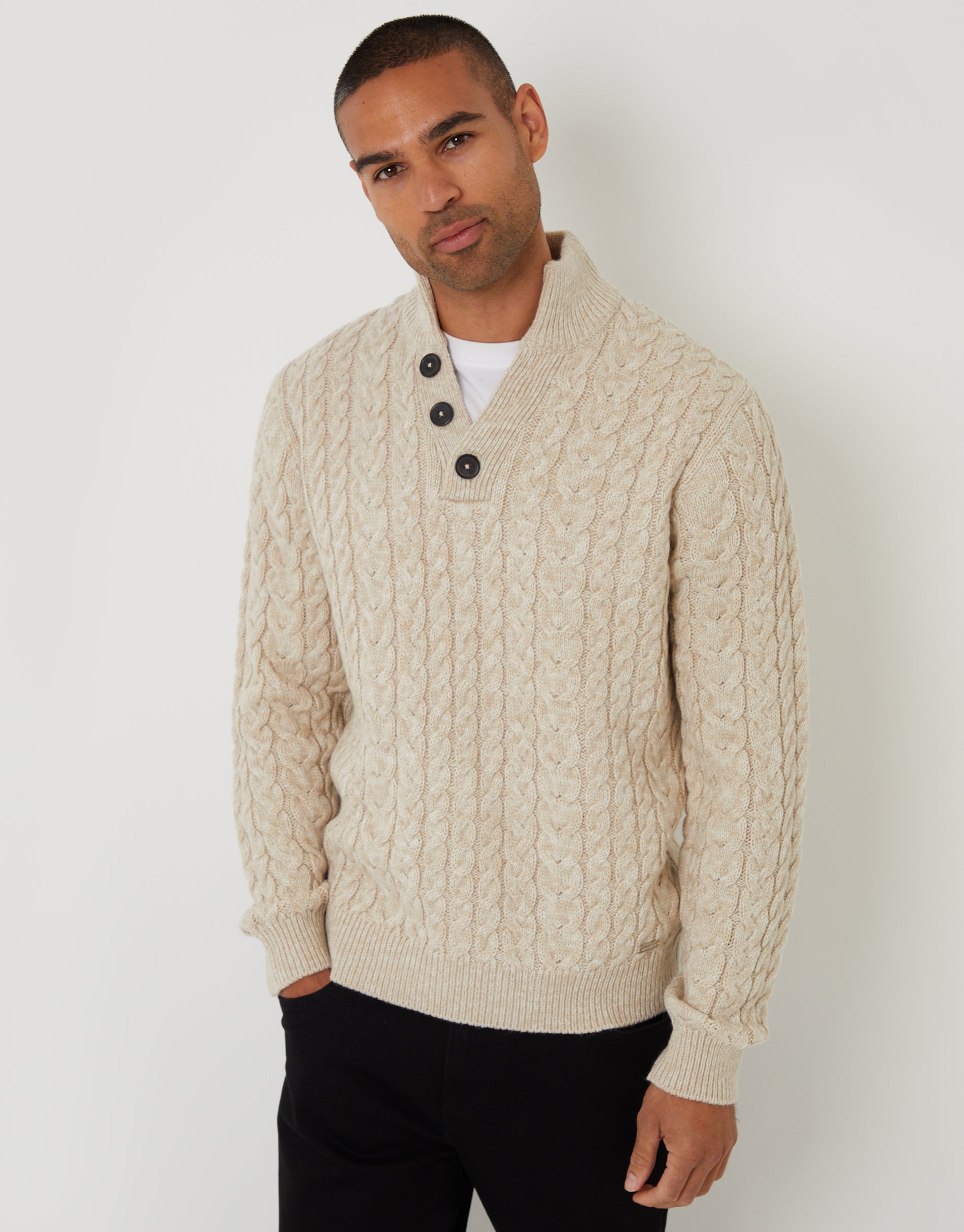 Threadbare Men's Stone Twist Funnel Neck Cable Knit Jumper