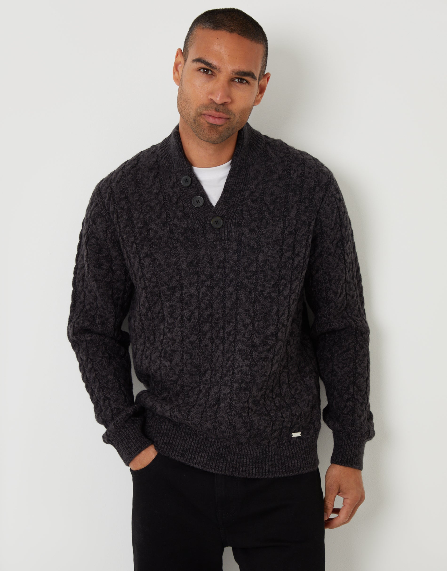 Threadbare Men's Black Twist Funnel Neck Cable Knit Jumper