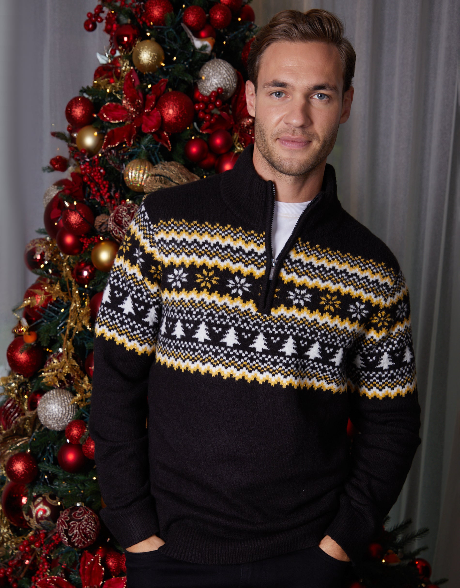 Threadbare Men's Black Knitted Fairisle Christmas Quarter Zip Jumper