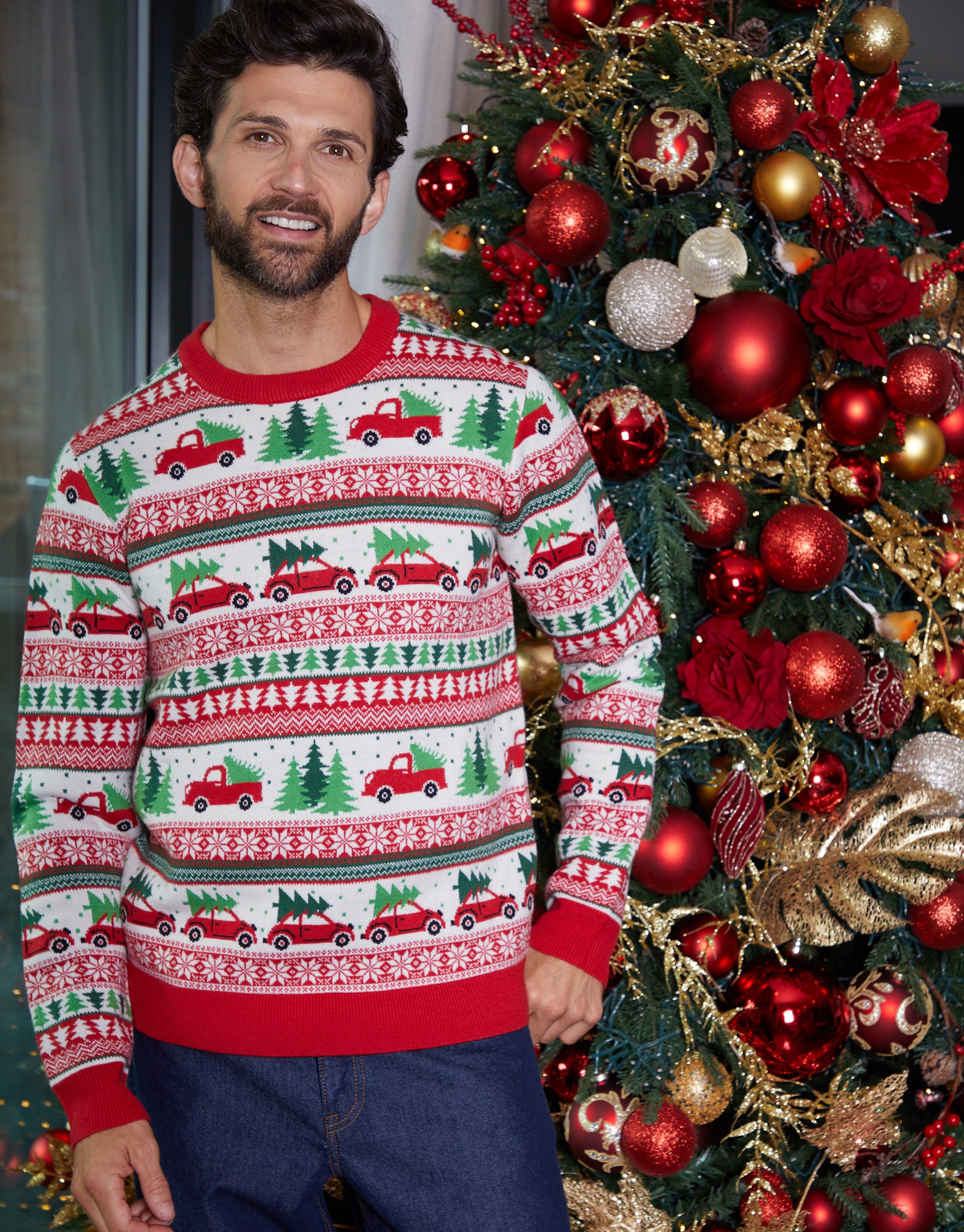 Threadbare Men's Red Christmas Car Fairisle Knitted Crew Neck Jumper