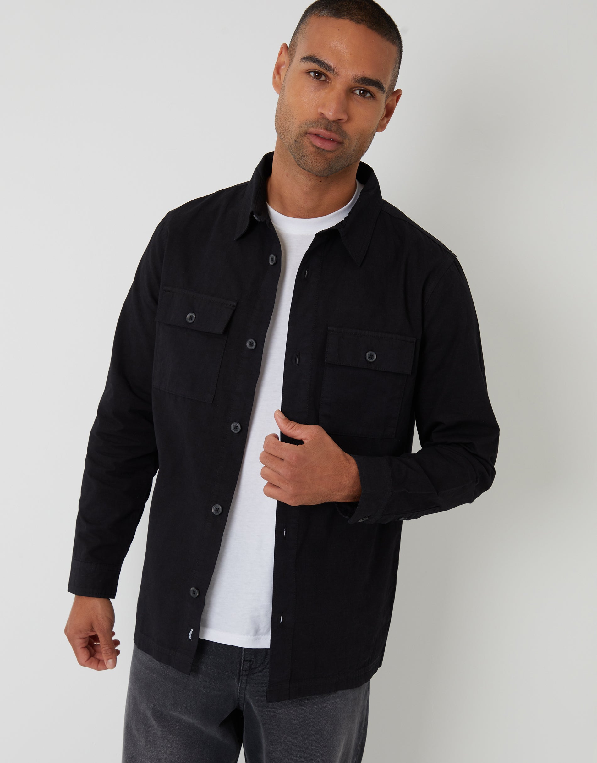 Threadbare Men's Black Long Sleeve Plain Lightweight Overshirt Shacket