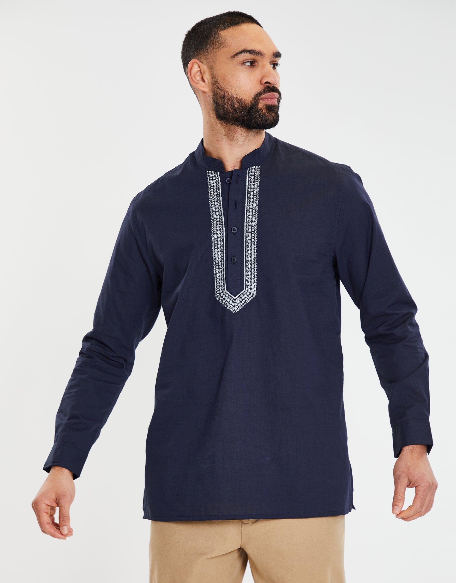 Threadbare Men's Navy Blue Long Sleeve Tunic Kurta Eid Shirt