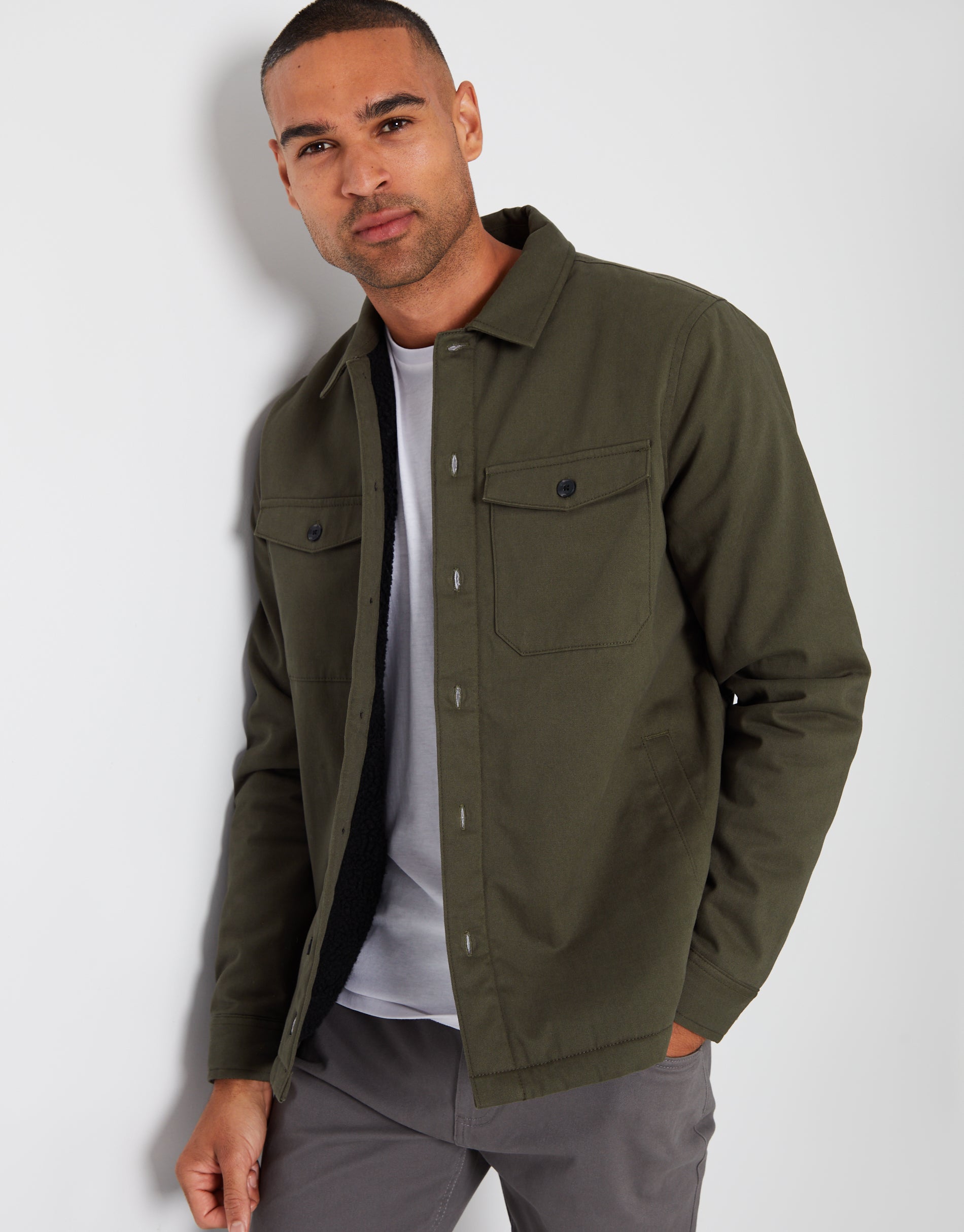Threadbare Men's Khaki Green Borg Lined Button Down Long Sleeve Shacket