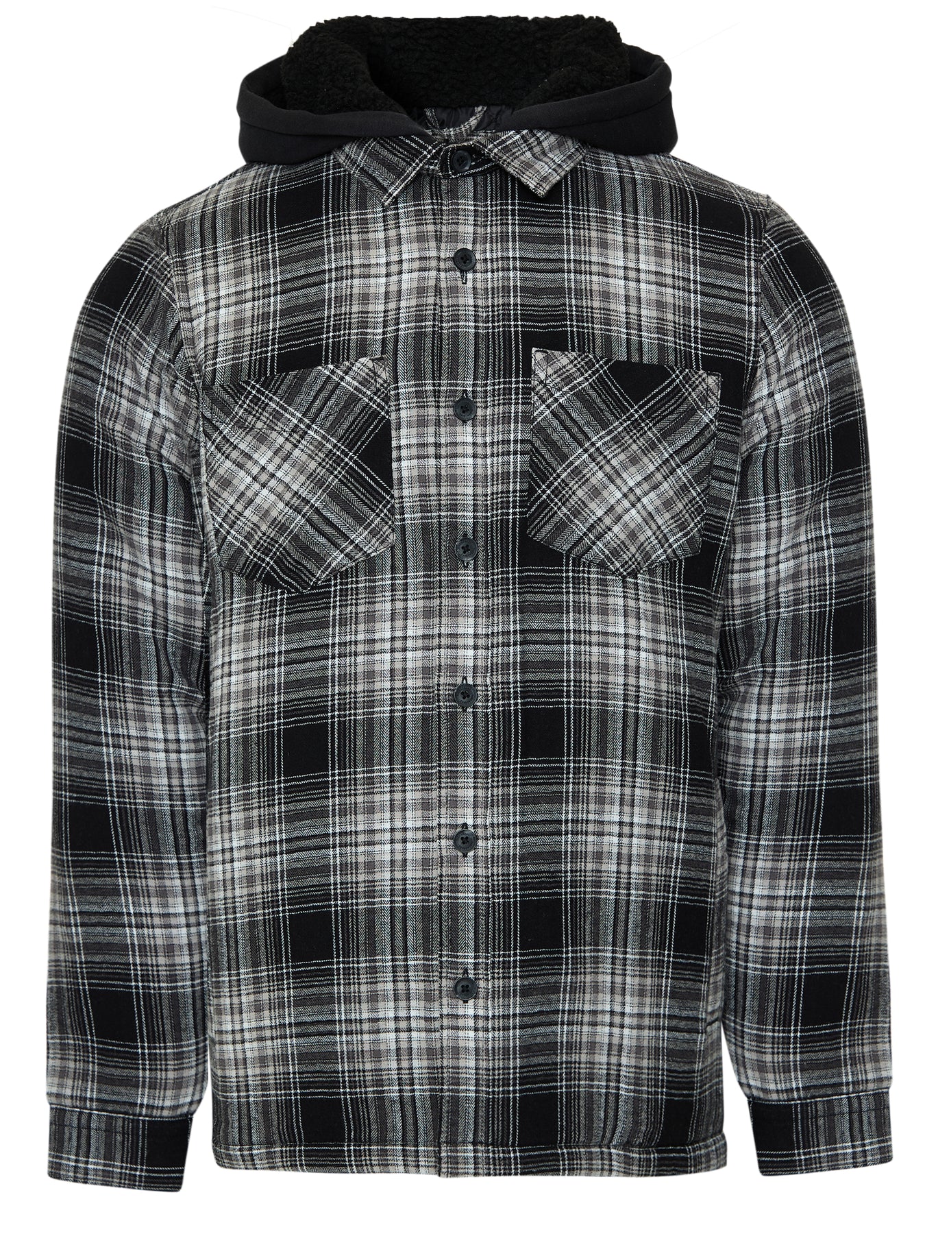 Threadbare Men's Black Check Quilted Shacket with Borg Lined Hood