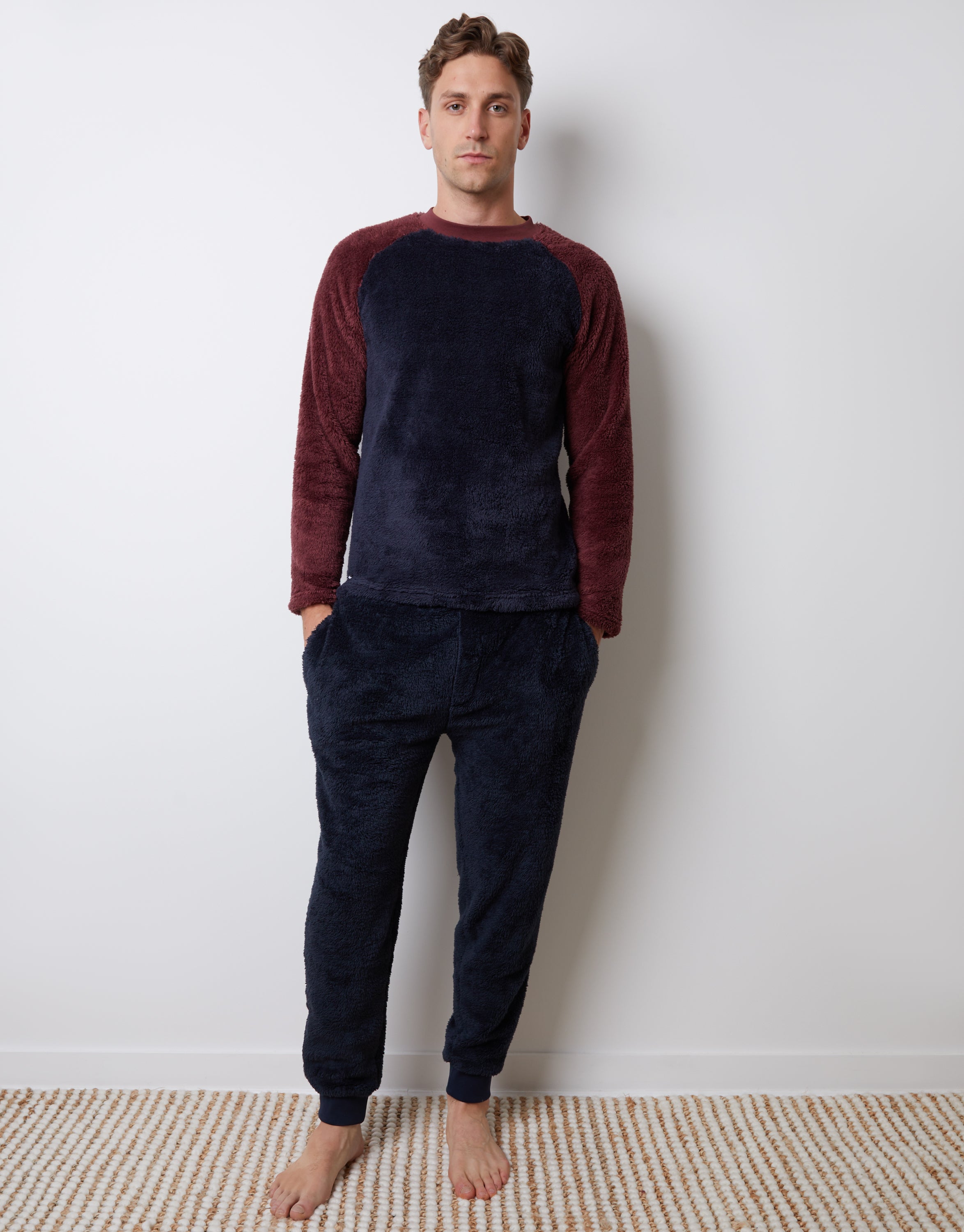 Threadbare Men's Burgundy Borg Raglan Sweatshirt Lounge Set (2-Piece Set)