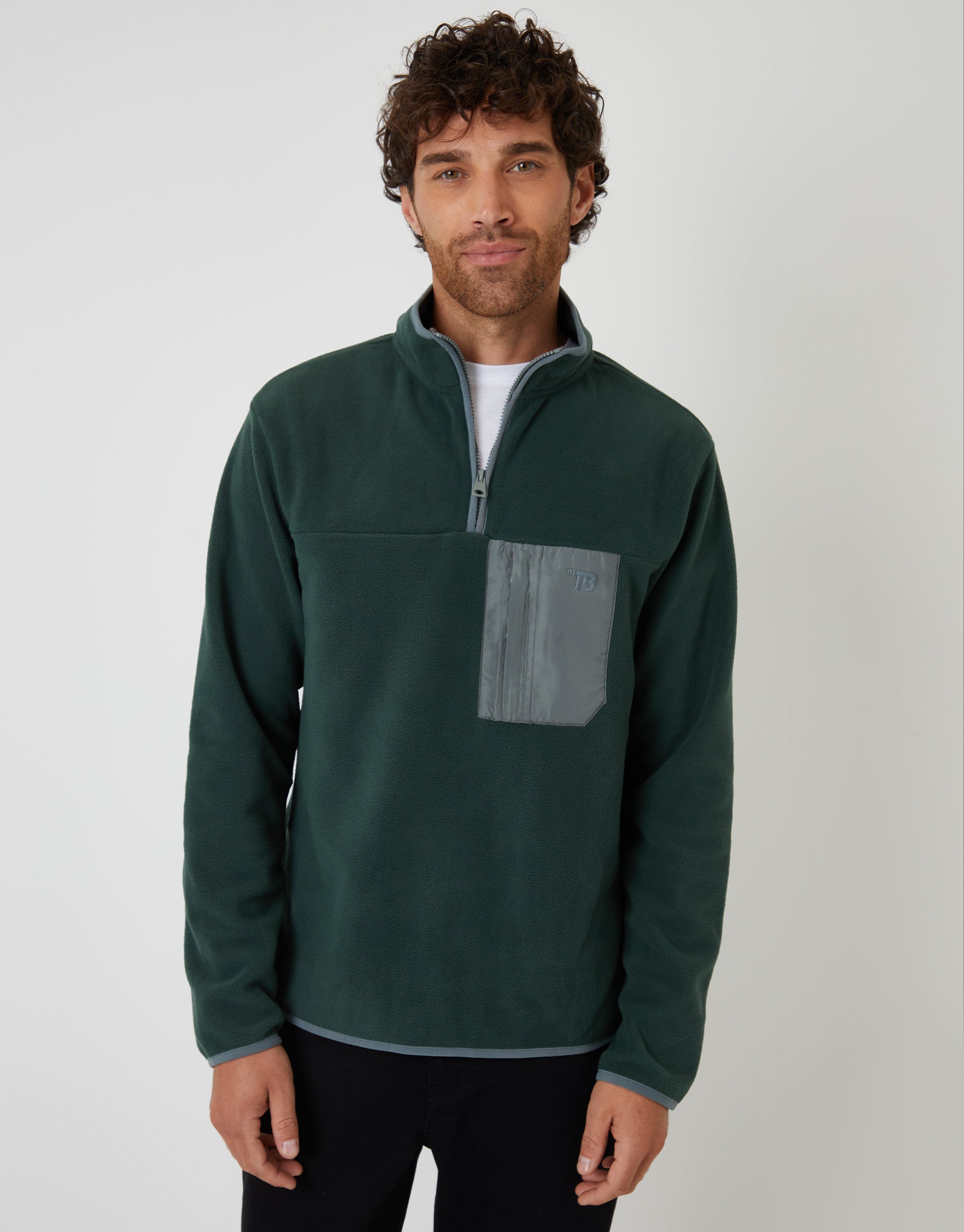 Threadbare Men's Forest Green Microfleece Quarter Zip Sweatshirt