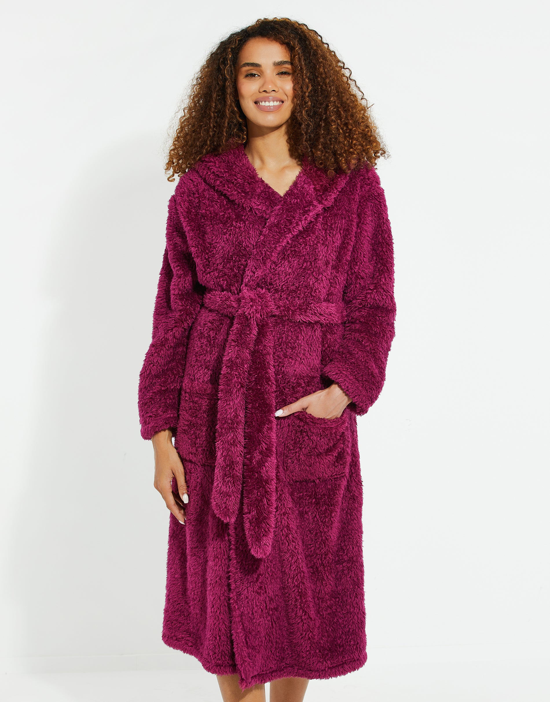 Threadbare Women's Dark Pink Fluffy Hooded Ladies' Dressing Gown