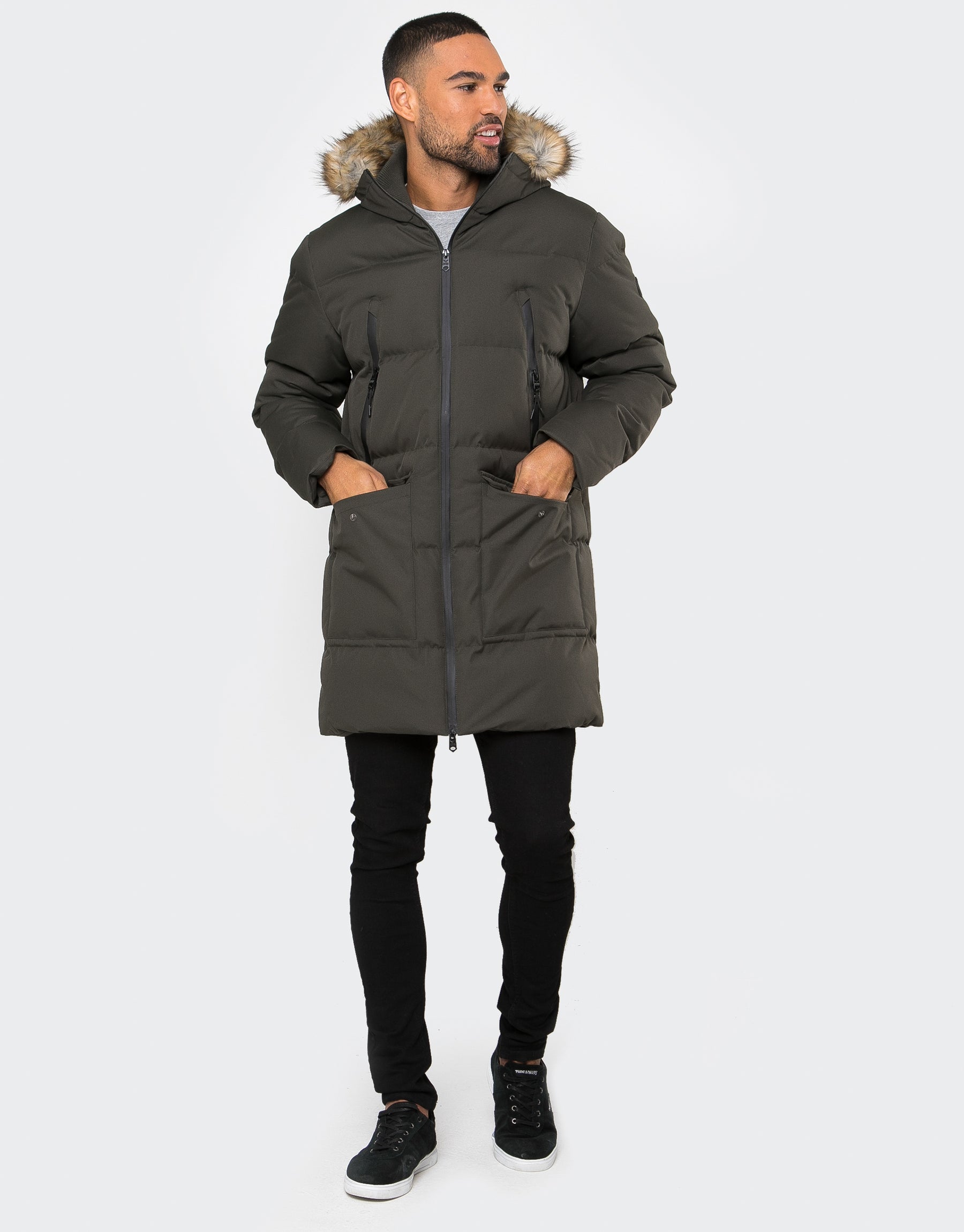 Threadbare Men's Khaki Green Longline Padded Hooded Parka Coat