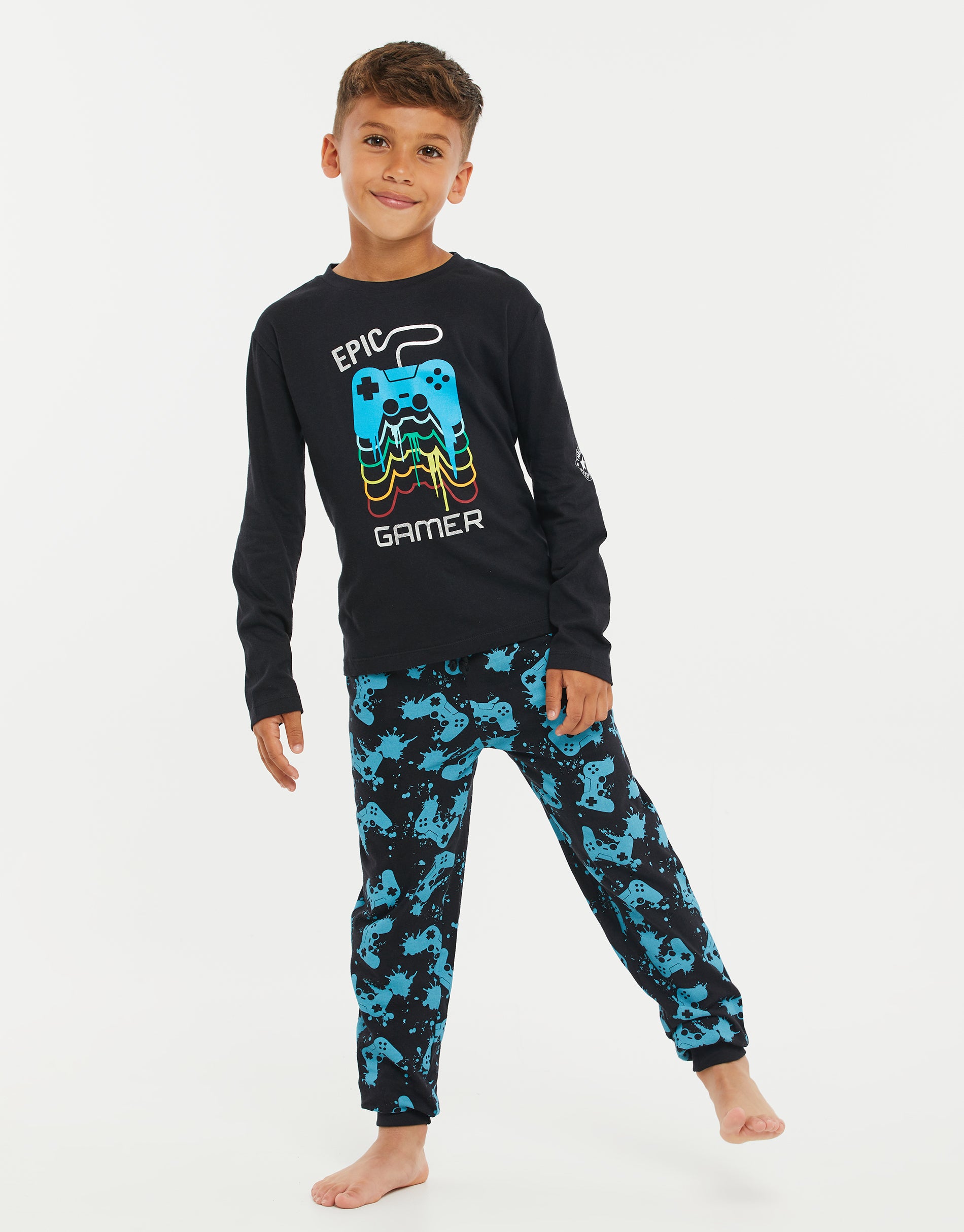 Threadbare Boys' Black Gamer Splatter Print Kids' Long Cotton Pyjamas ...