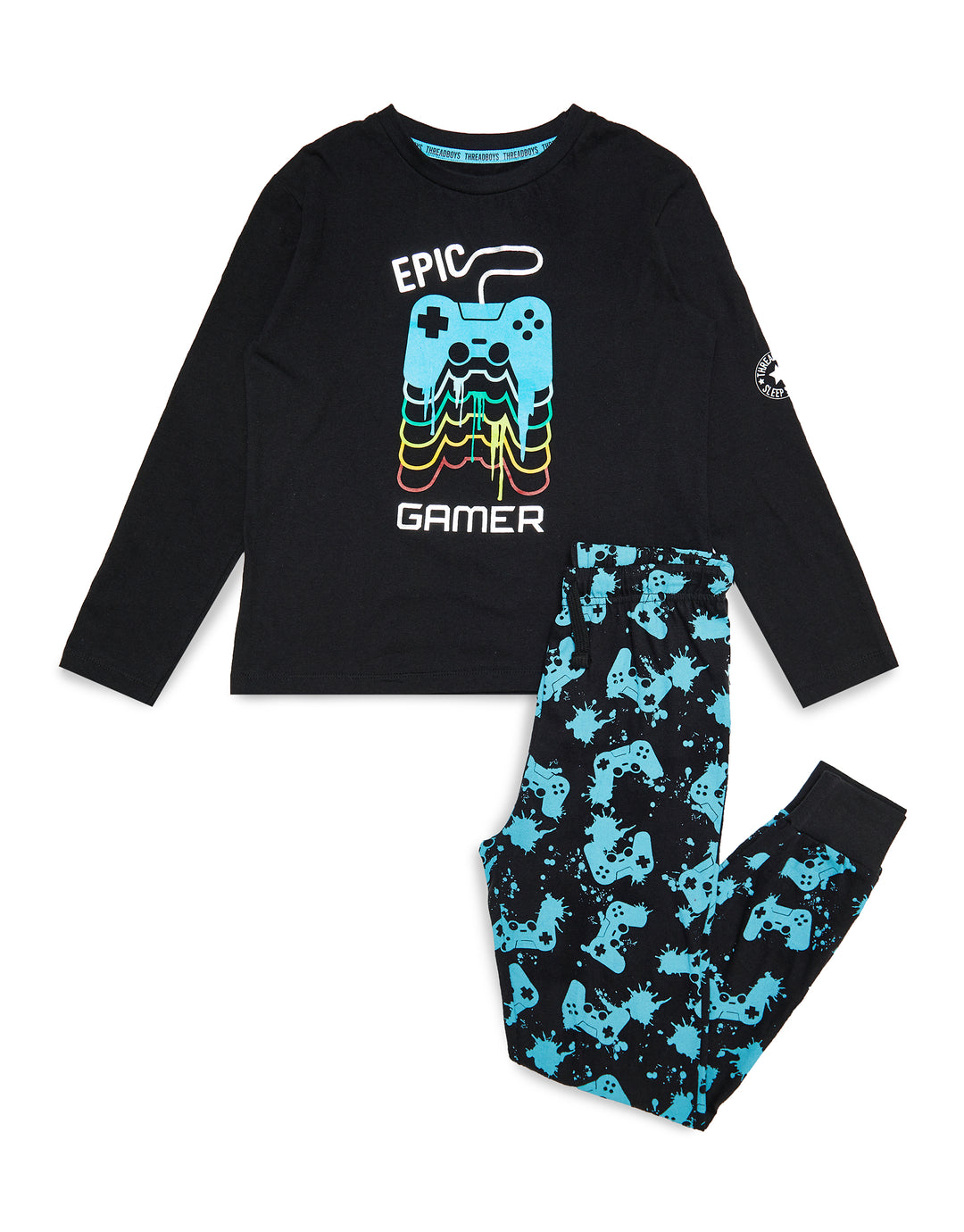 Threadbare Boys' Black Gamer Splatter Print Kids' Long Cotton Pyjamas ...