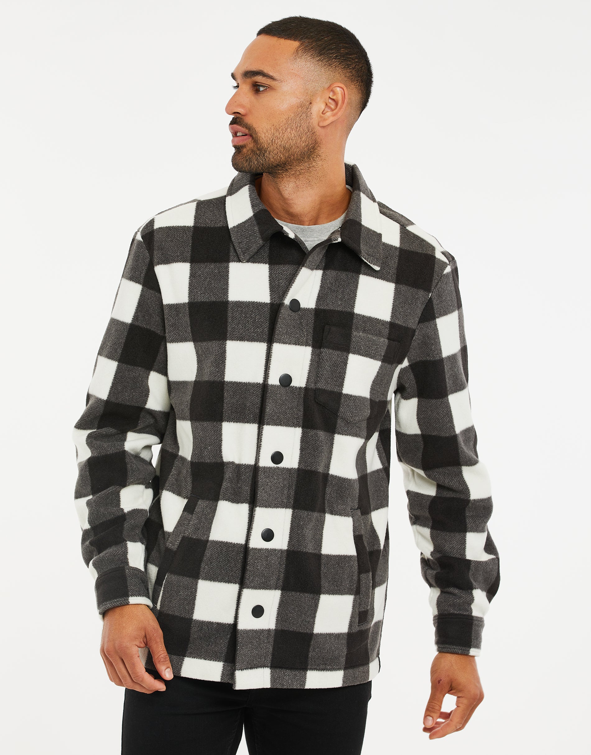 Threadbare Men's Black Check Button Through Faux Borg Outdoor Shacket